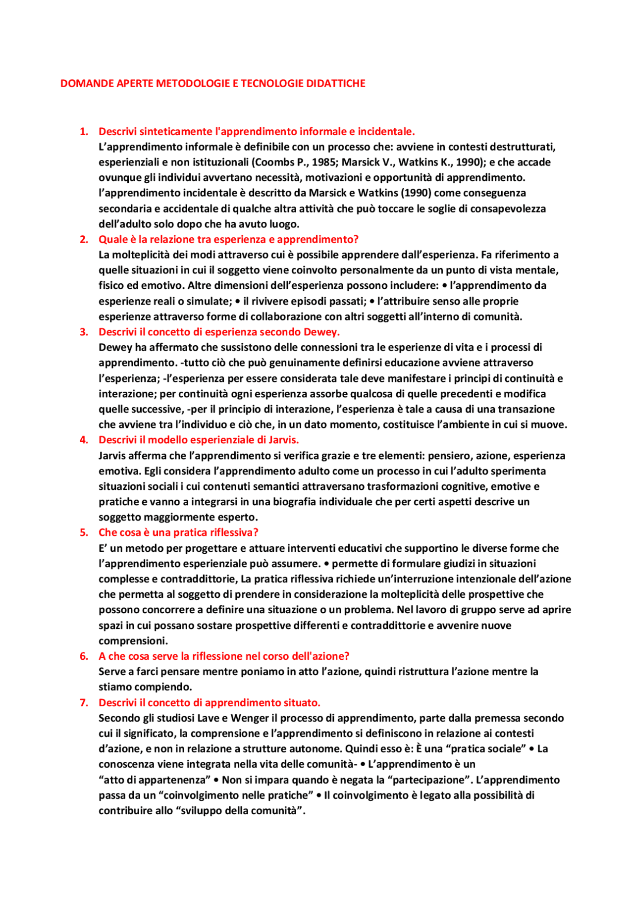Domande Aperte Metodologie Didattiche 24cfu Docsity