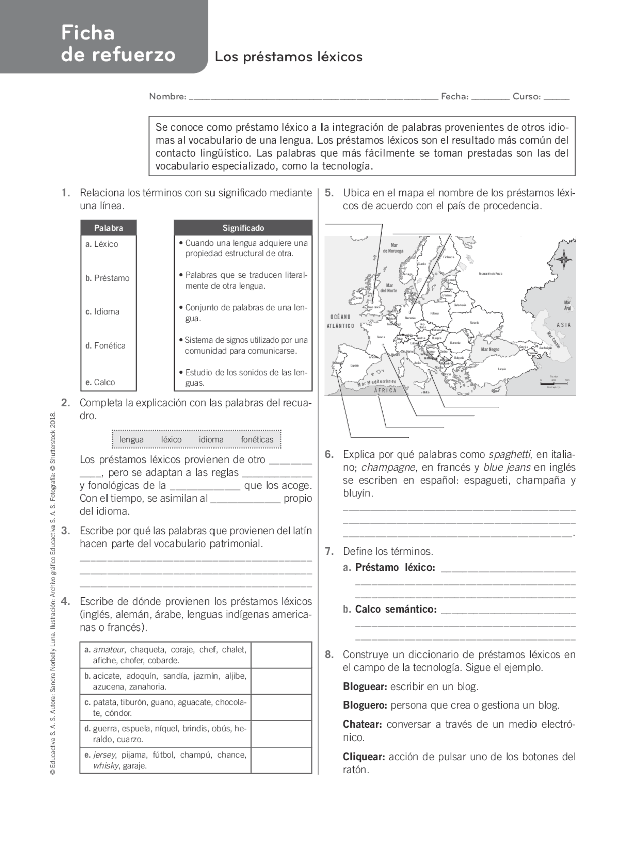 Ficha de refuerzo prestamos lexicos lenguaje | Ejercicios de Lengua y ...