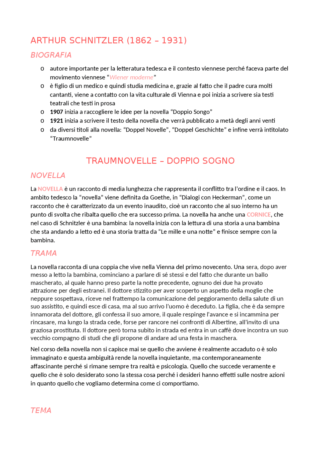 ARTHUR SCHNITZLER e DOPPIO SOGNO | Appunti di Letteratura Tedesca | Docsity