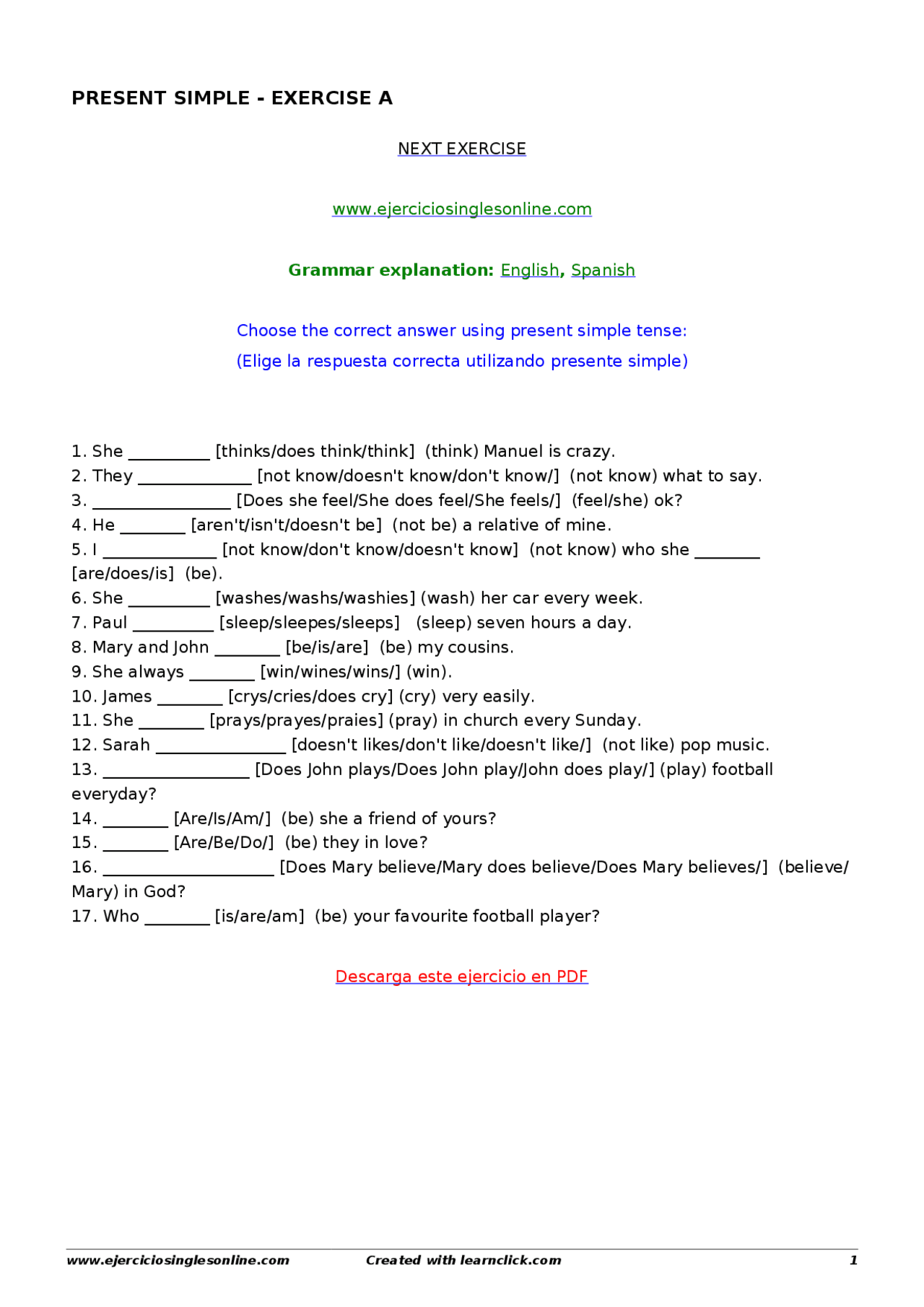 Presente simple en ingles, para estudiar | Apuntes de Inglés | Docsity