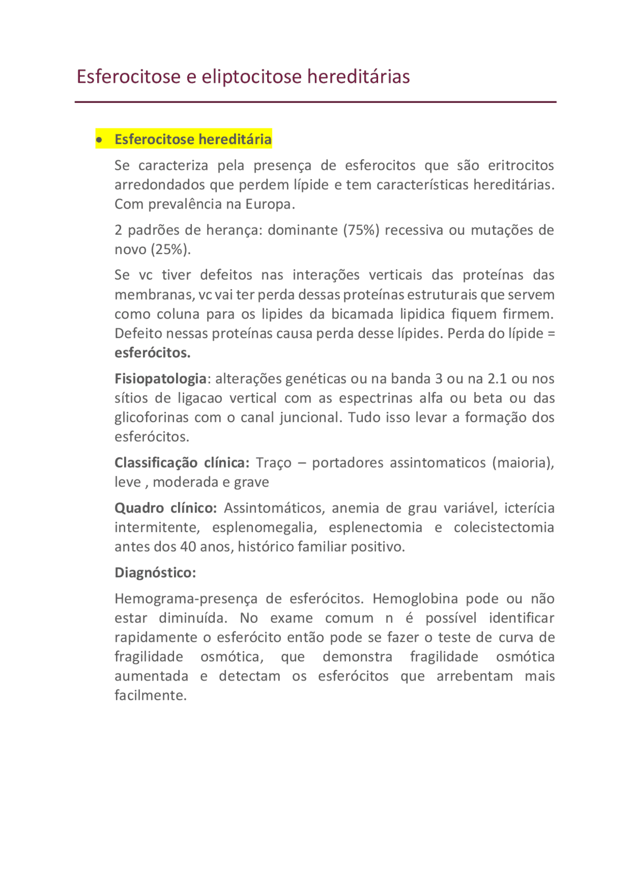 ESFEROCITOSE E ELIPTOCITOSE HEREDITÁRIA - Docsity