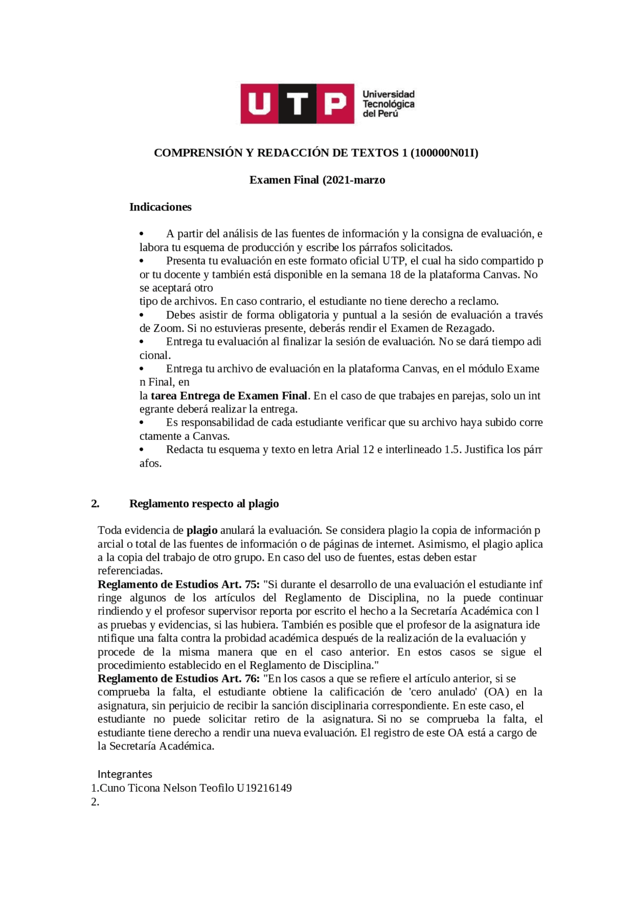 Examen Final Comprensión Y Redacción De Textos I Exámenes