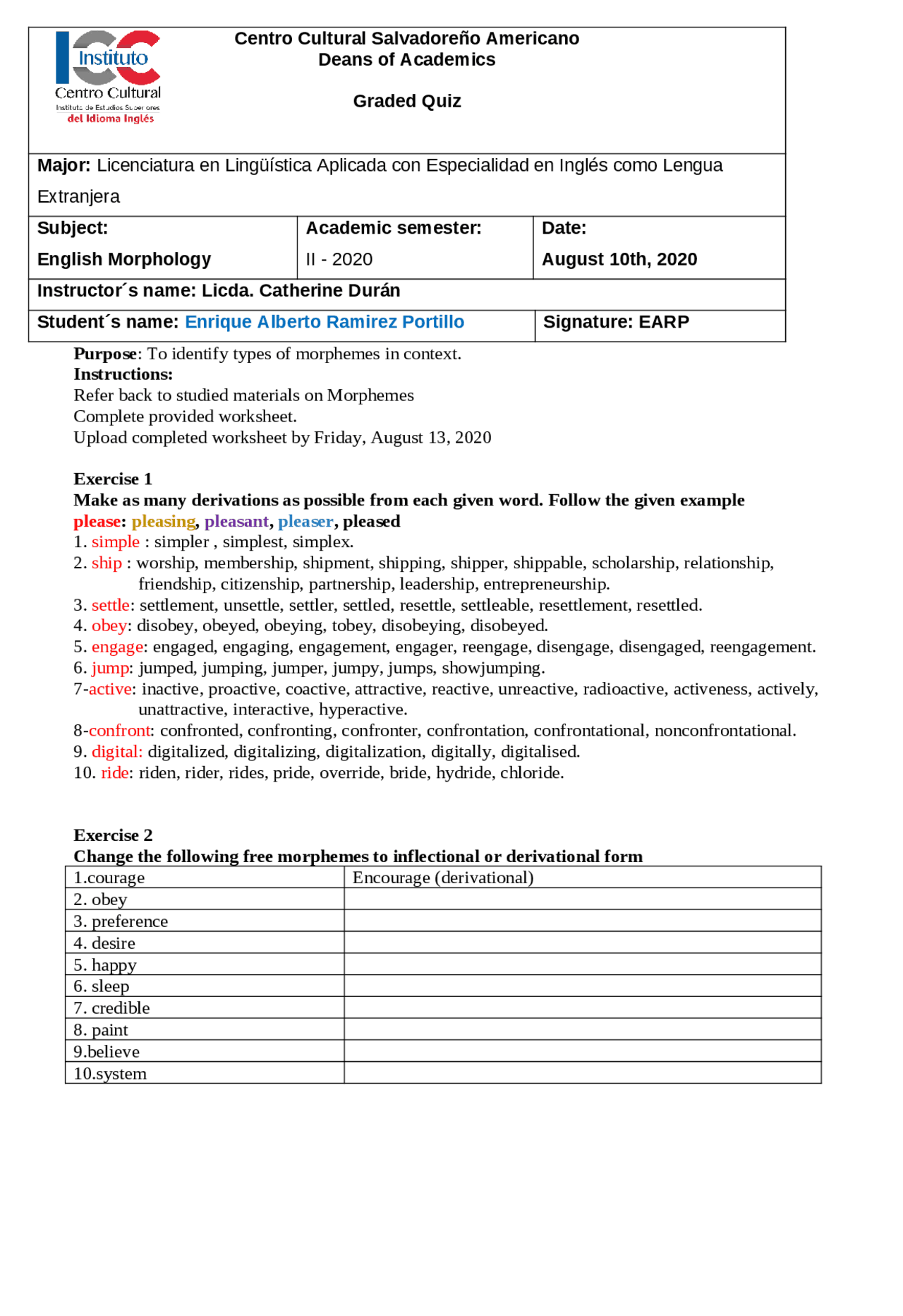 Morphology Exercises Docsity