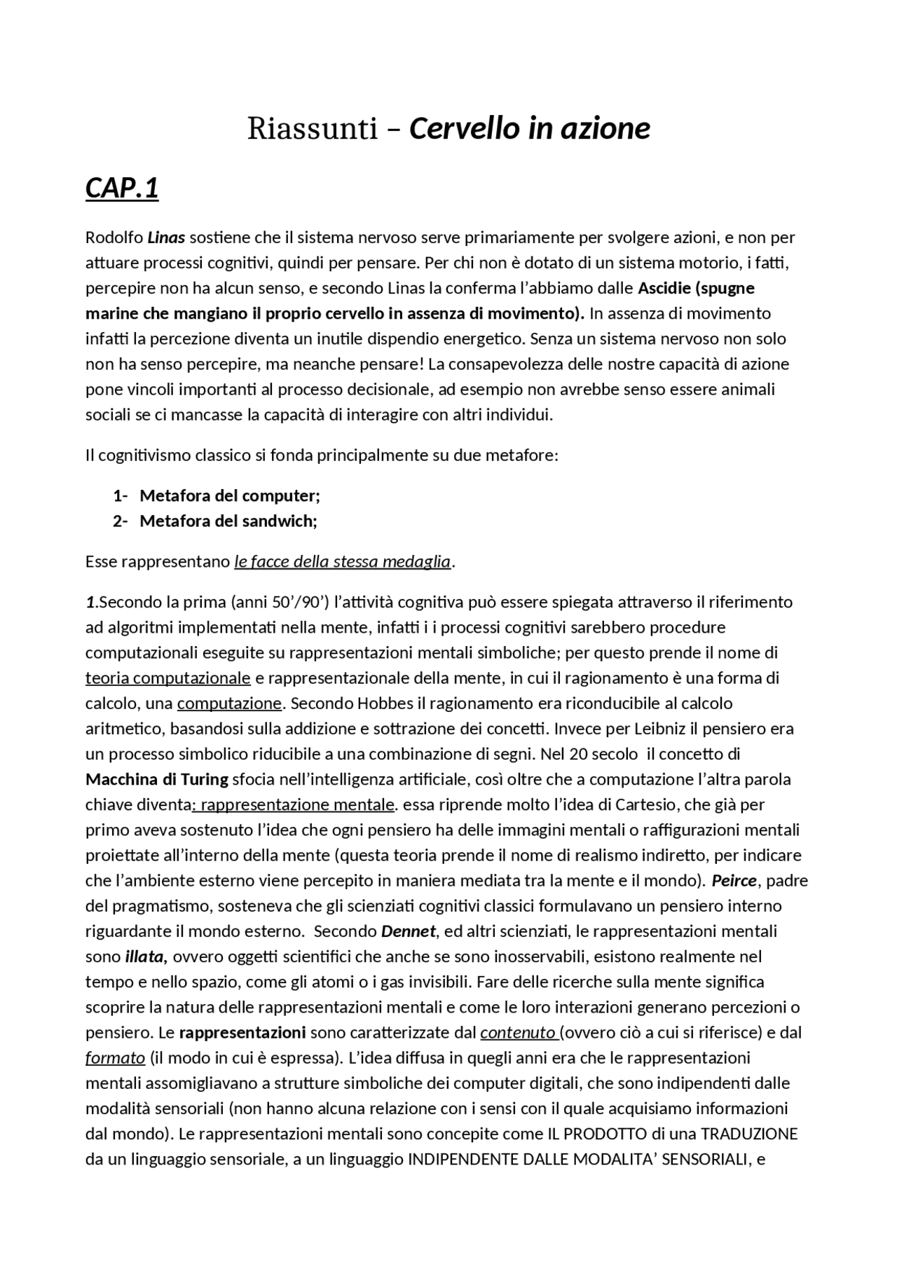 Riassunti Il Cervello In Azione Docsity
