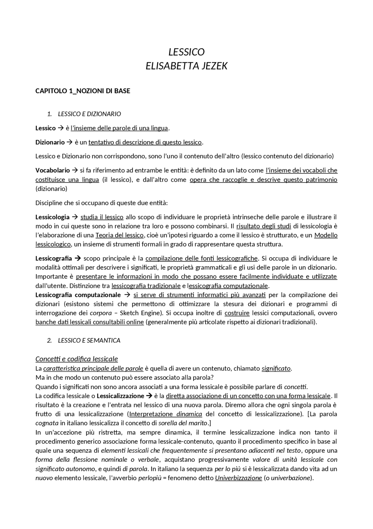 Lessico Classi Di Parole Strutture Combinazioni Docsity