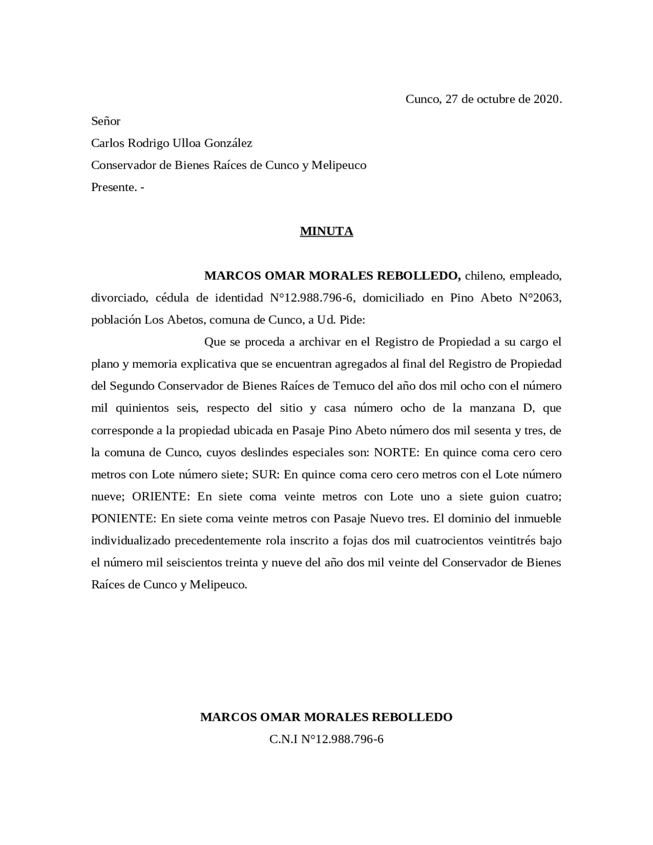 Minuta de plano cbr cunco - Docsity