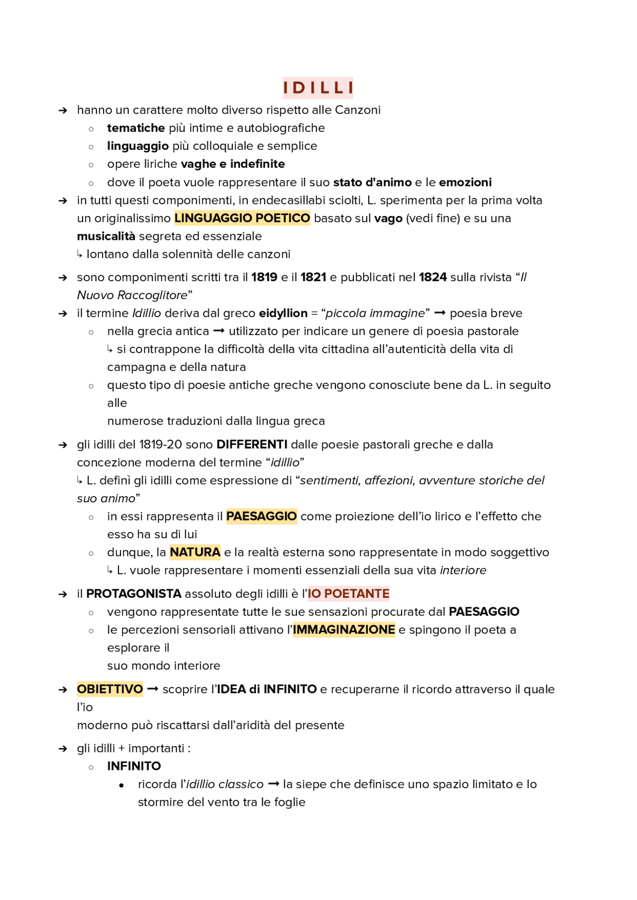 Gli Idilli Di Leopardi E Analisi Completa De Linfinito Docsity