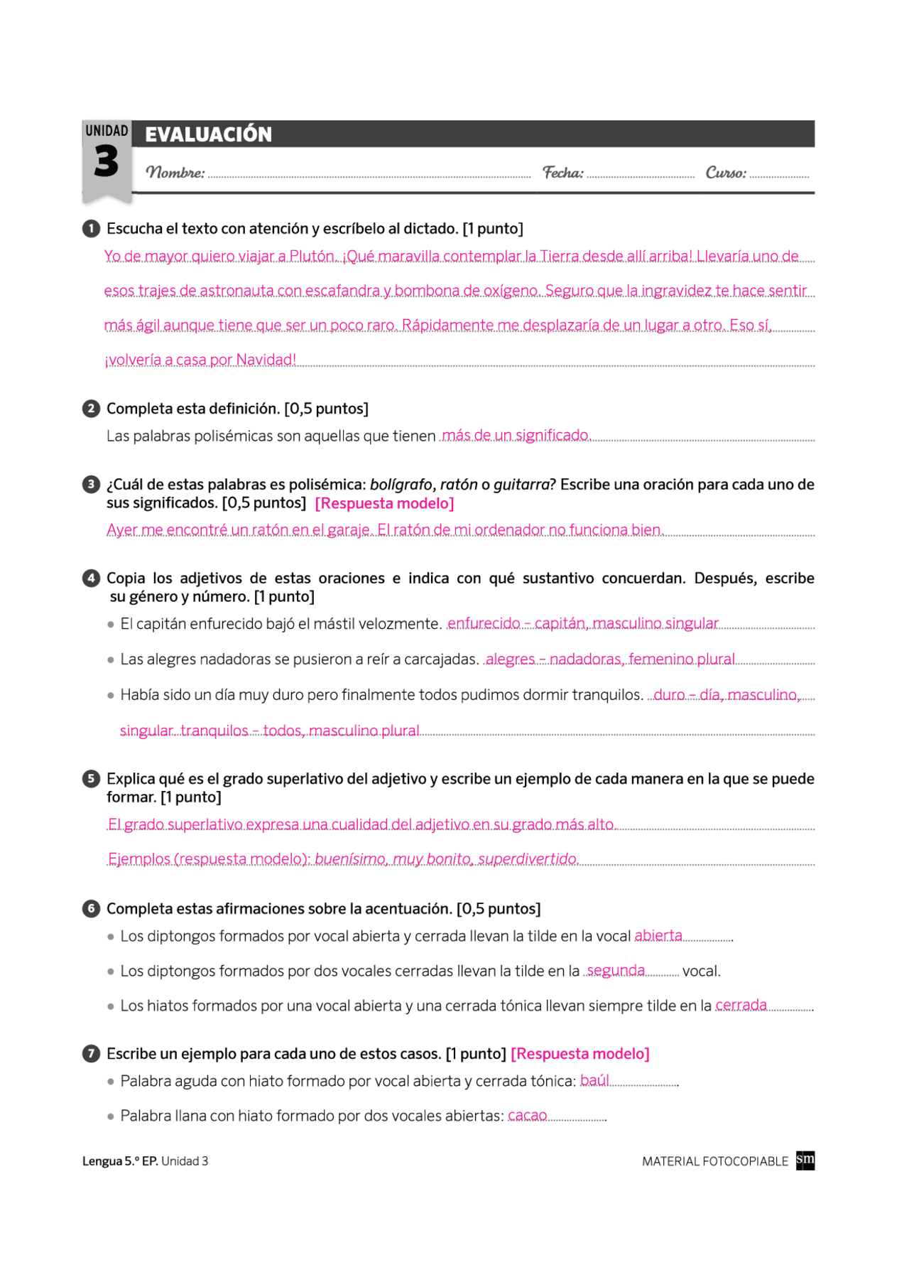 Examen tema 3 lengua 5º primaria | Provas de Espanhol | Docsity