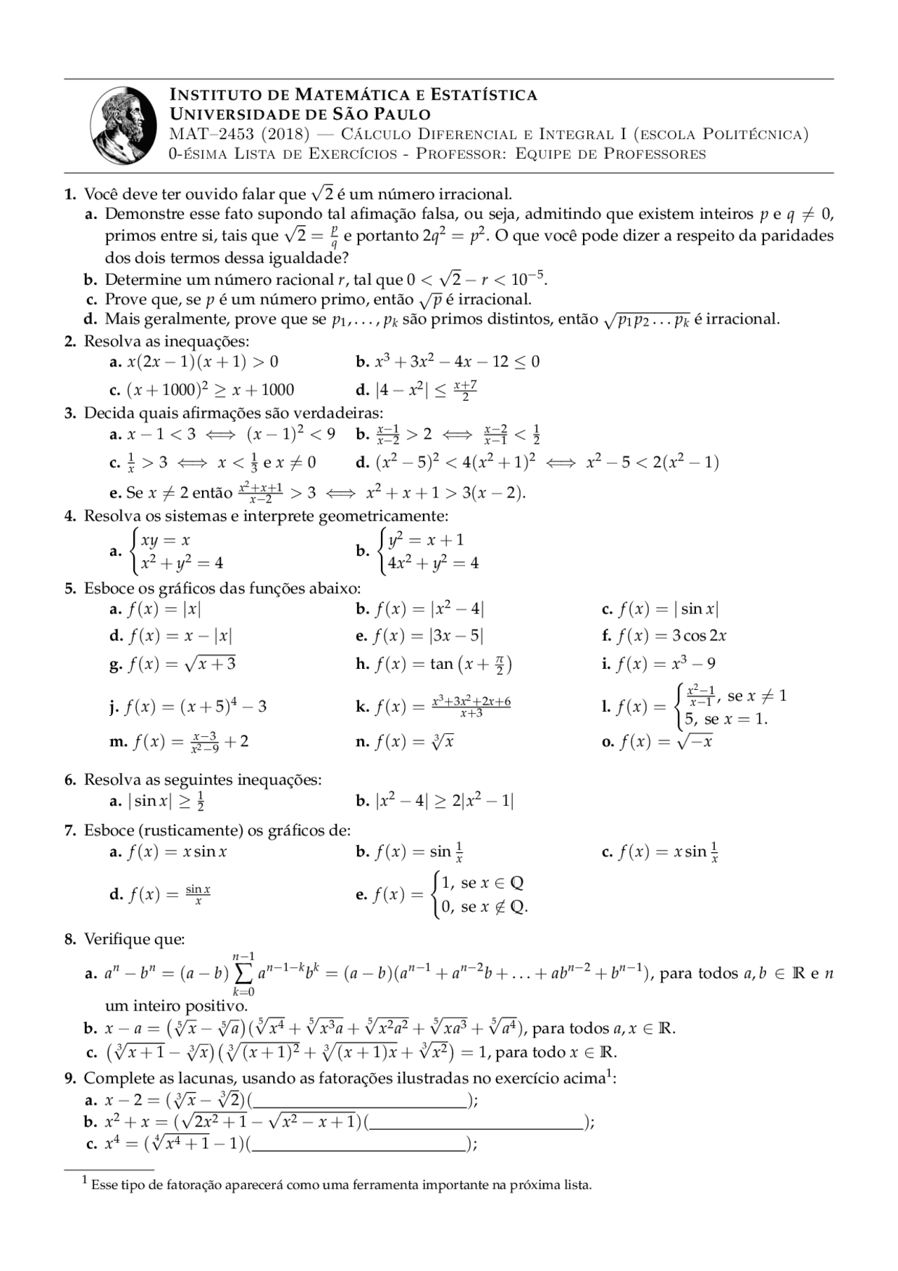 Lista 0 Introdução Ao Cálculo Diferencial E Integral Docsity