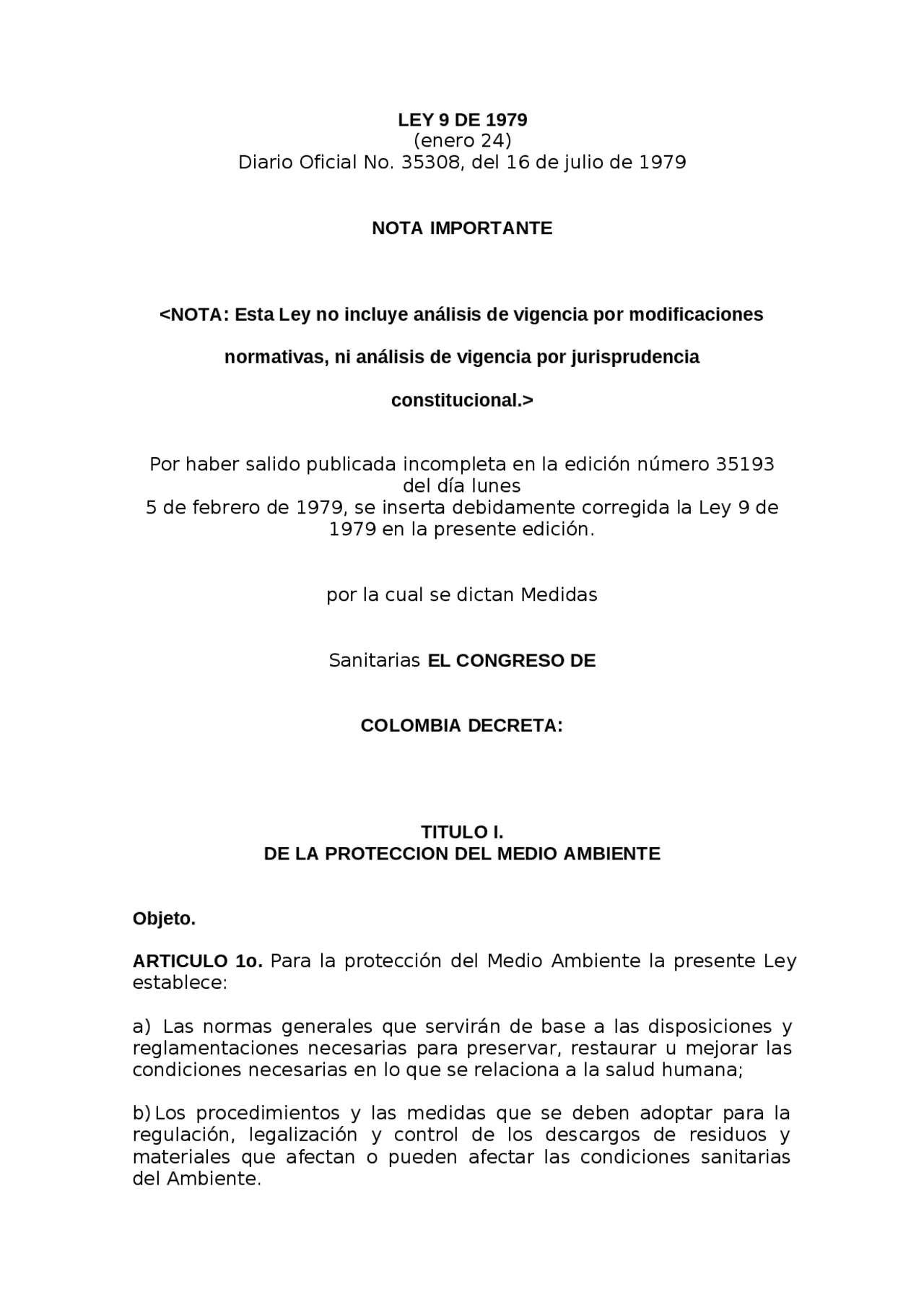 Ley 09 de 1979 resumen - Docsity