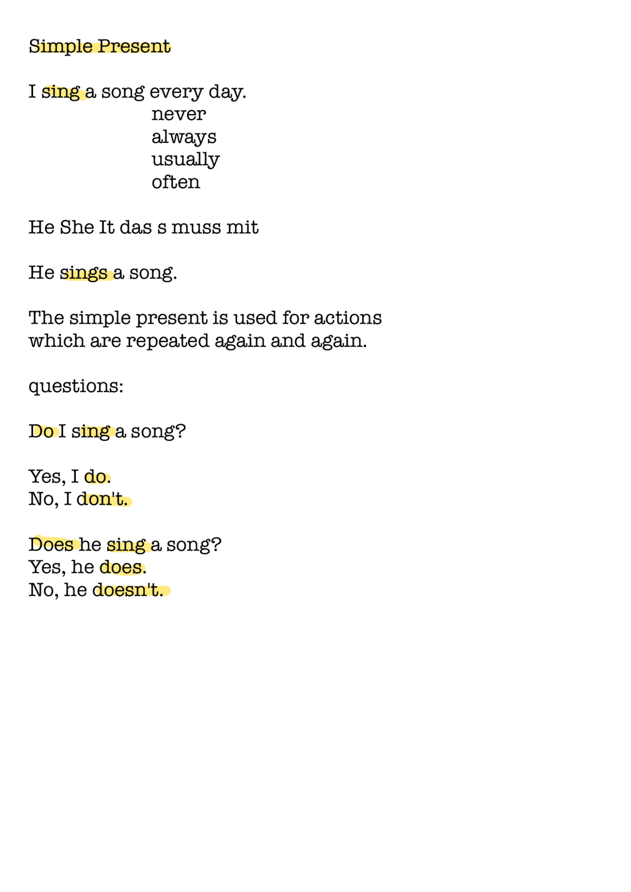 Simple Present Englisch 5. Klasse - Docsity