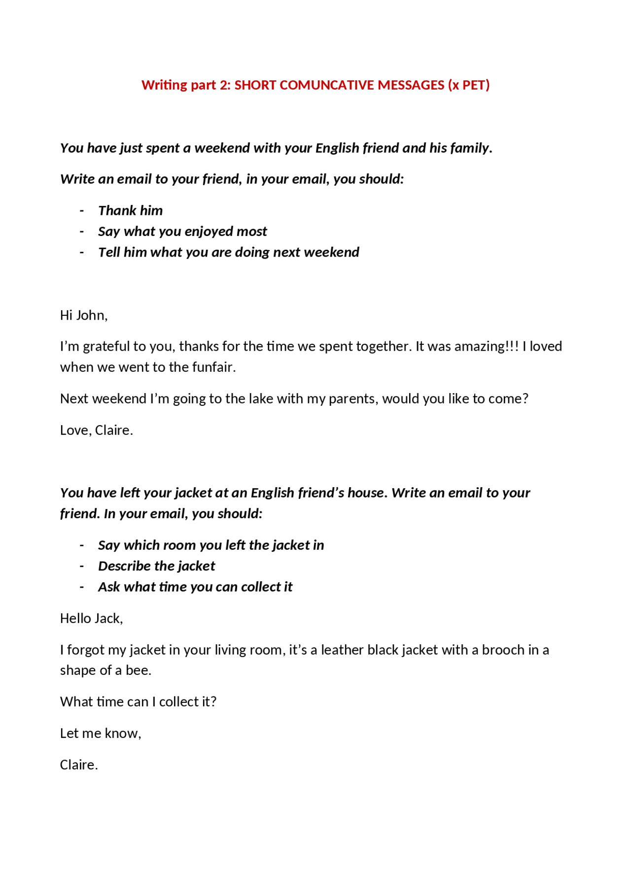 SHORT COMUNCATIVE MESSAGES (x PET) - Docsity