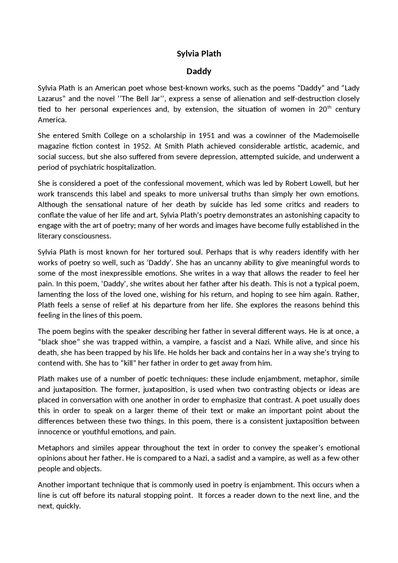 Daddy di Sylvia Plath - Docsity