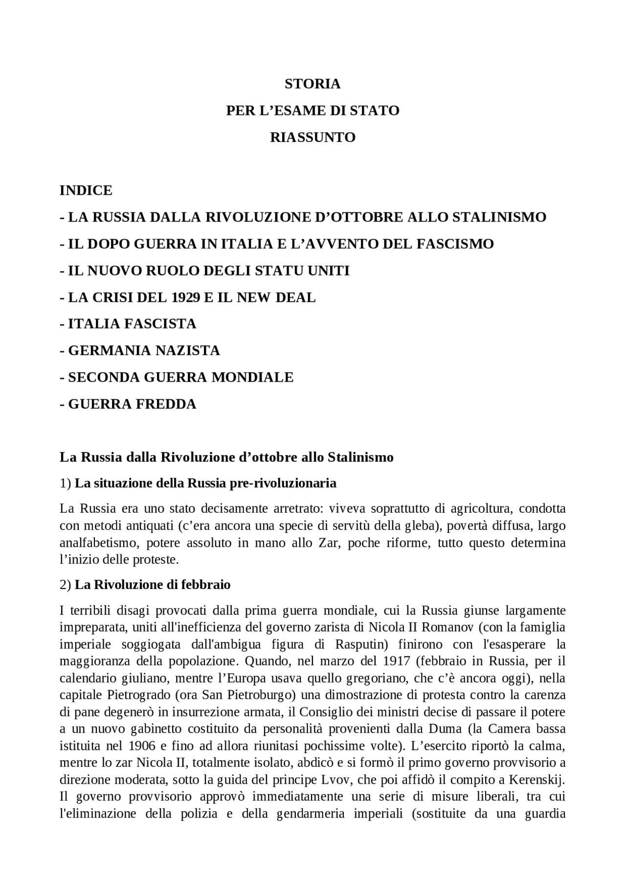 Storia Per Lesame Di Stato Docsity