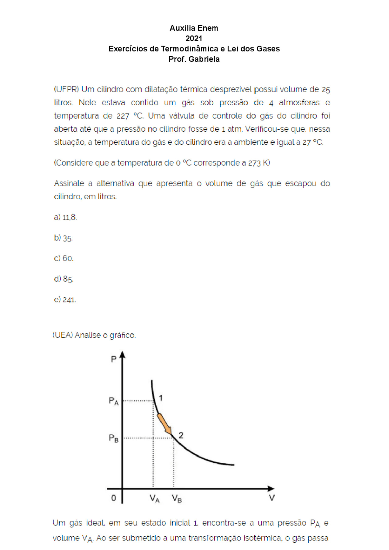 Exercícios Termodinâmica E Lei Dos Gases Docsity