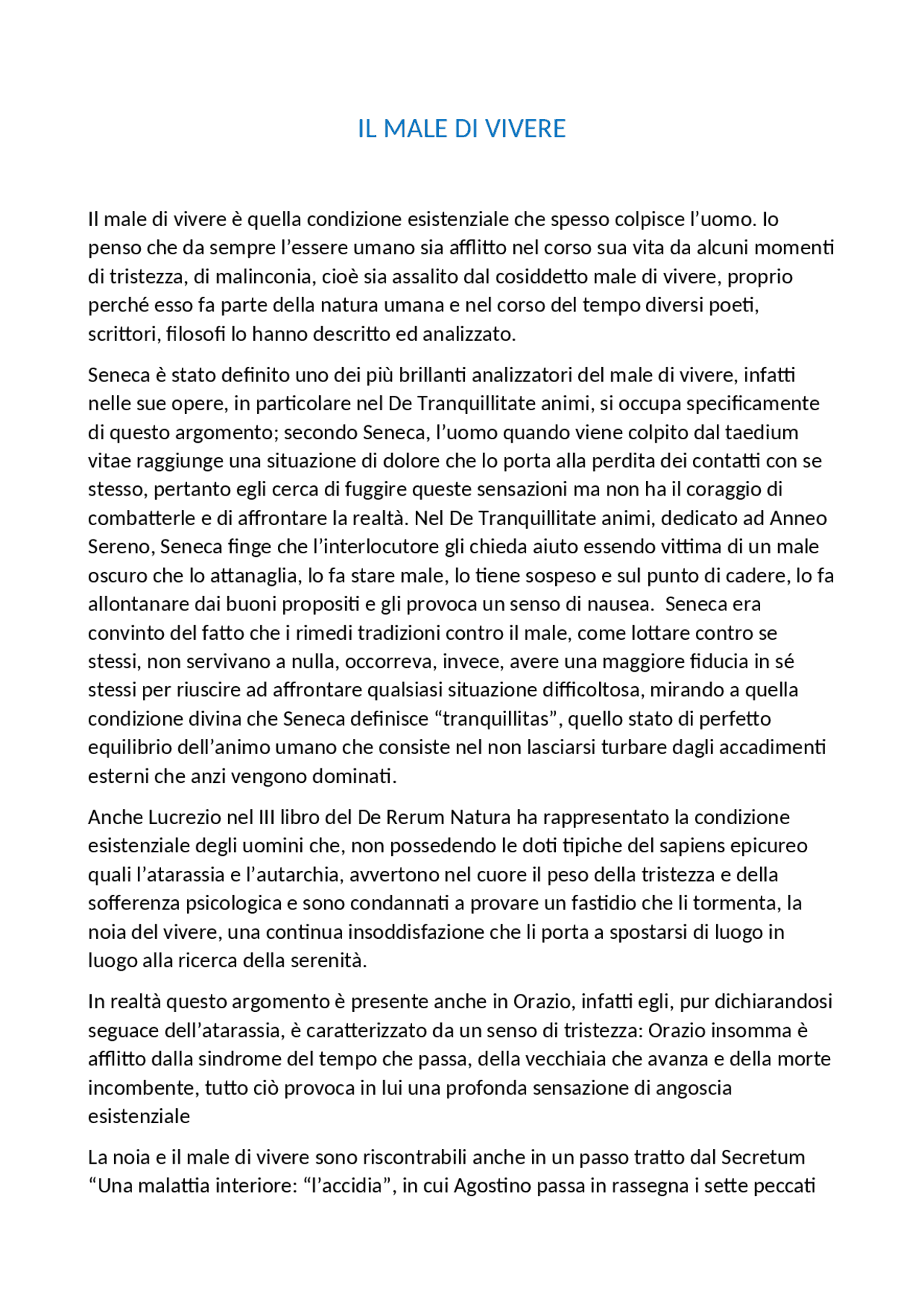 Il male di vivere : il pensiero di Seneca, Lucrezio, Orazio, Montale | Appunti di Latino | Docsity