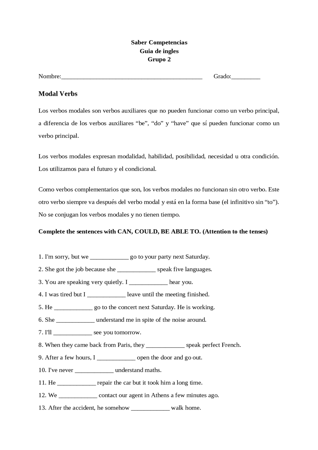 Modal verbs para estudiantes de bachillerato - Docsity