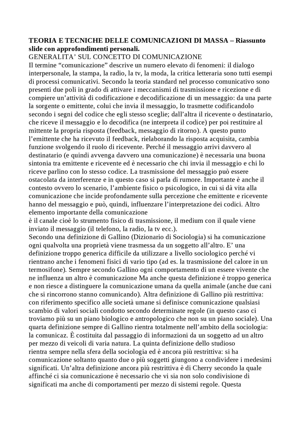 Teorie E Tecniche Delle Comunicazioni Di Massa Docsity