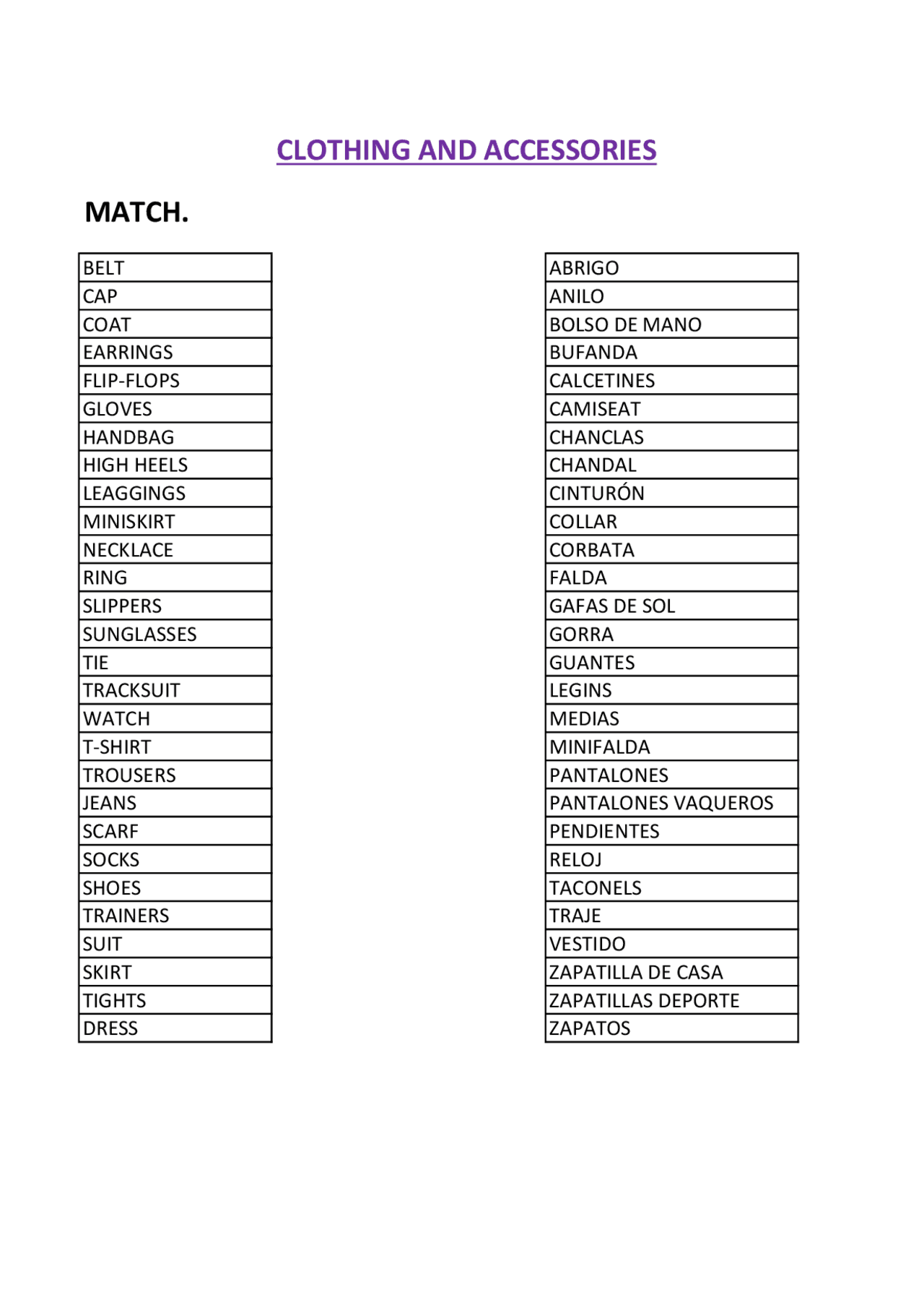 Ropa y complementos en ingles | Ejercicios de Inglés - Docsity