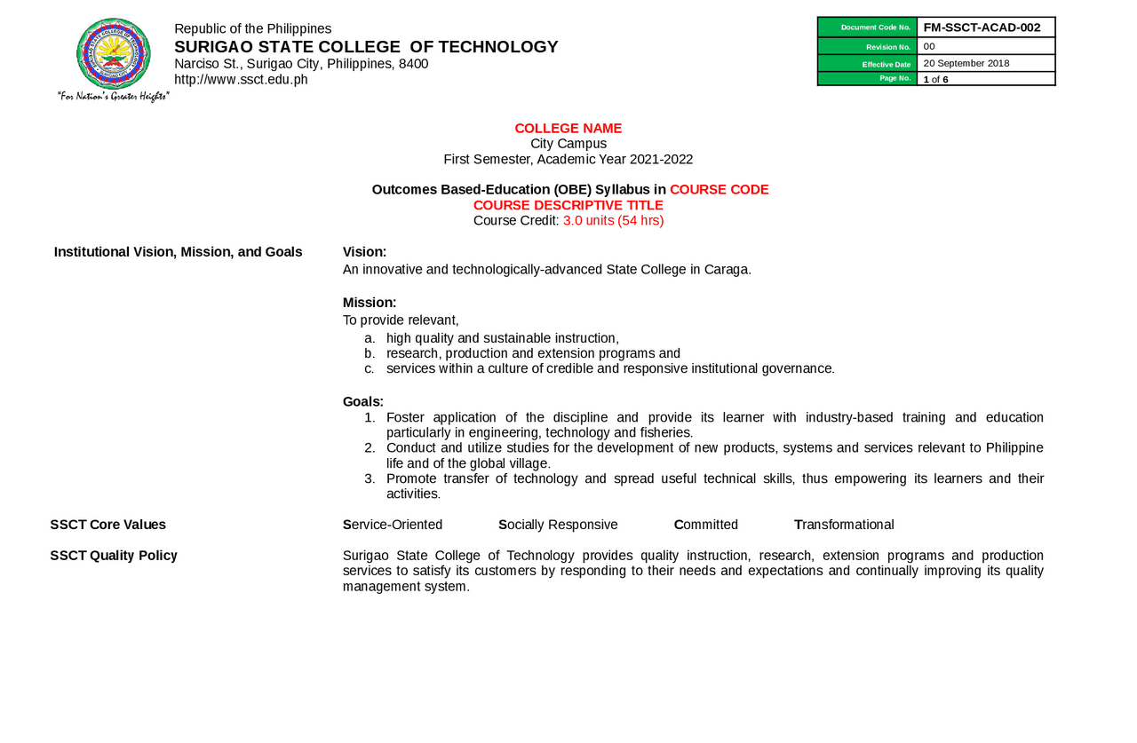 OBE Syllabus format for SSCT - Docsity