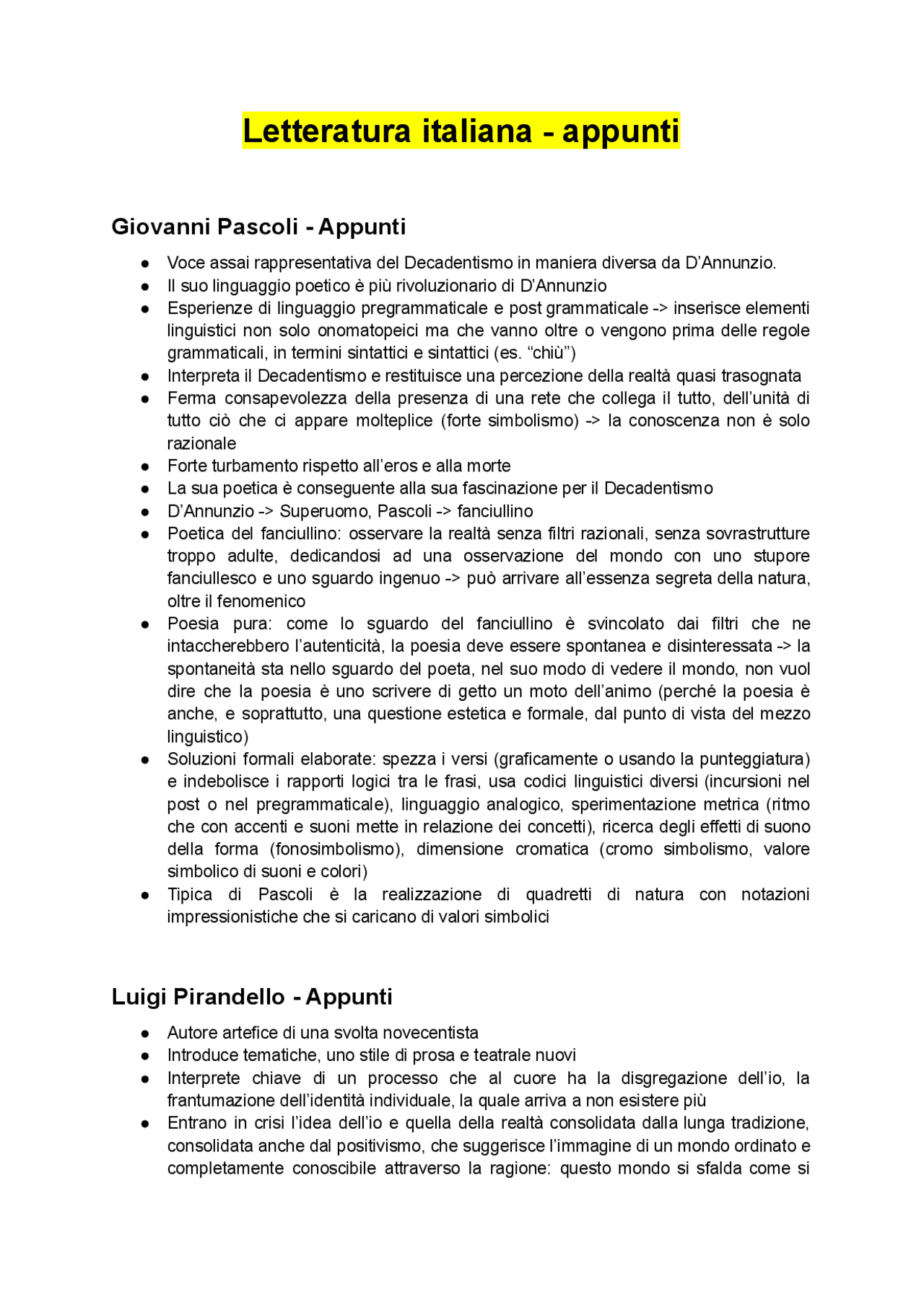 Appunti italiano: Giovanni Pascoli, Luigi Pirandello, Italo Svevo, le Avanguardie - Docsity
