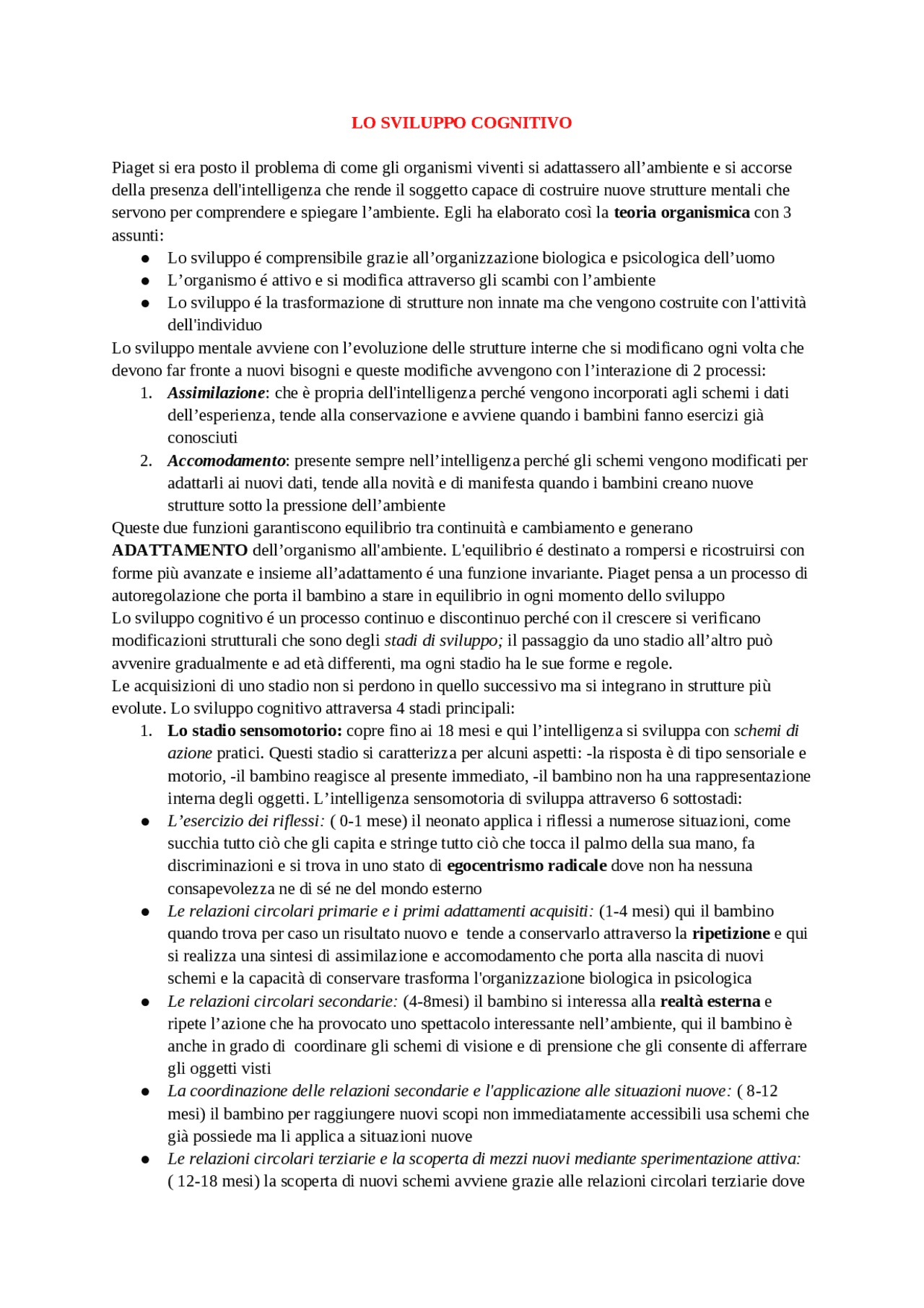 Lo Sviluppo Cognitivo Docsity
