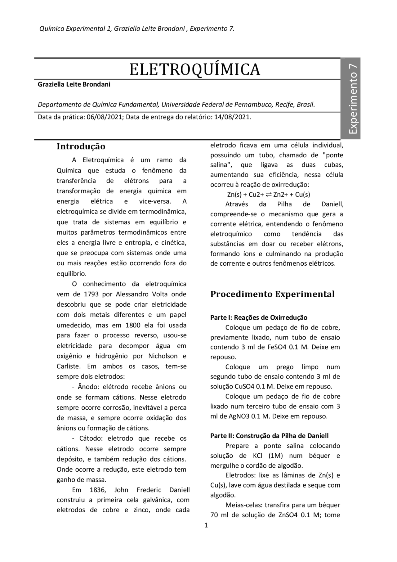 Relatorio Experimento 7 Manuais Projetos Pesquisas Química
