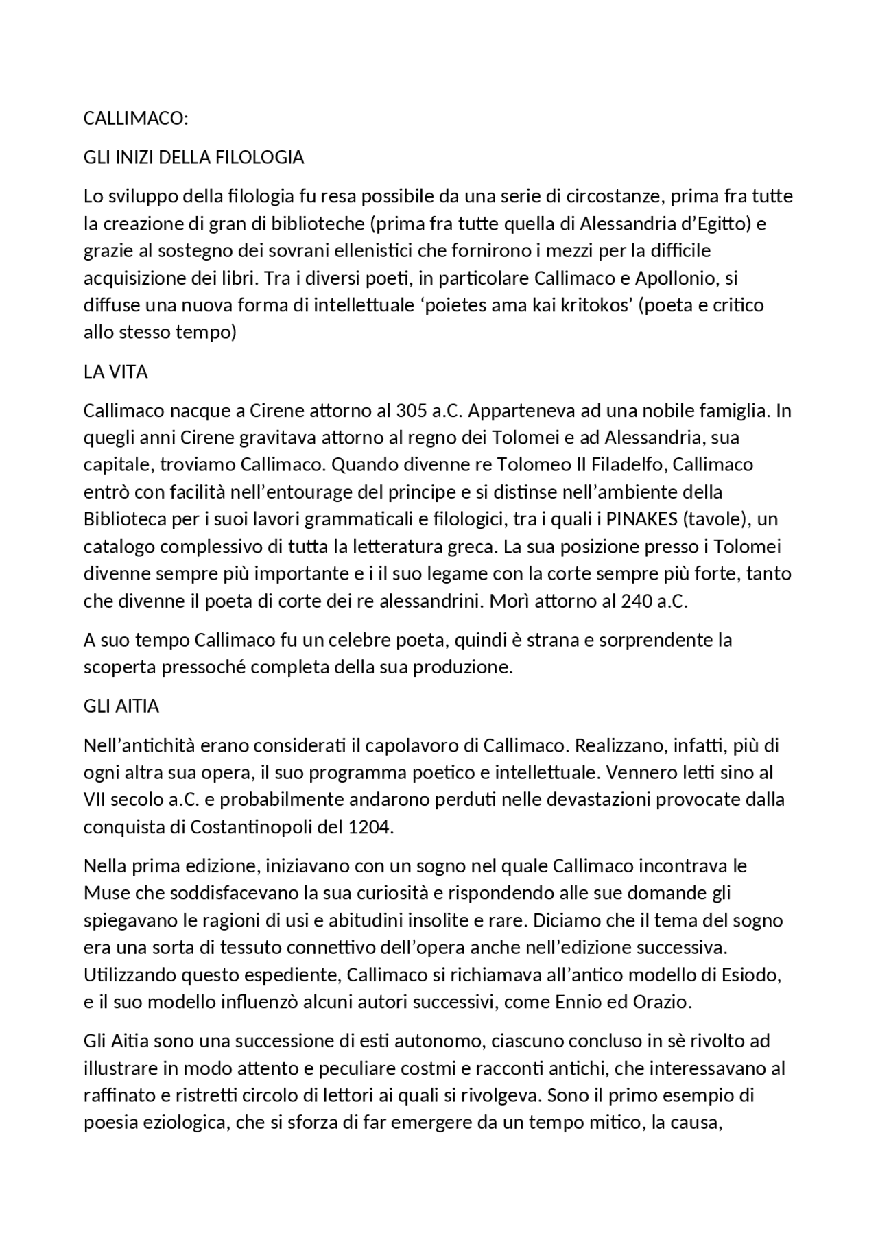 Callimaco Vita Opere E Brani Docsity
