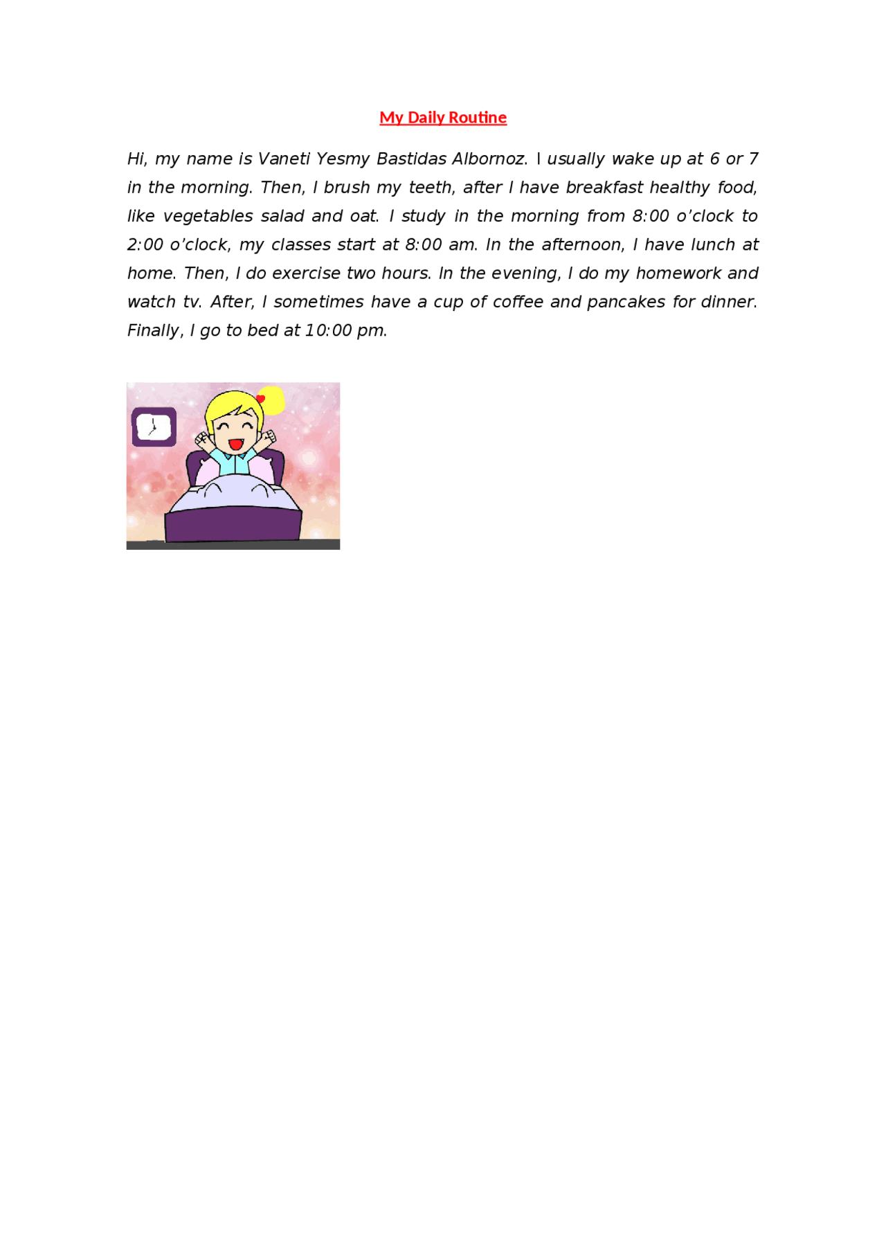 My dayly Rutine, descripción de mi rutina diaria - Docsity