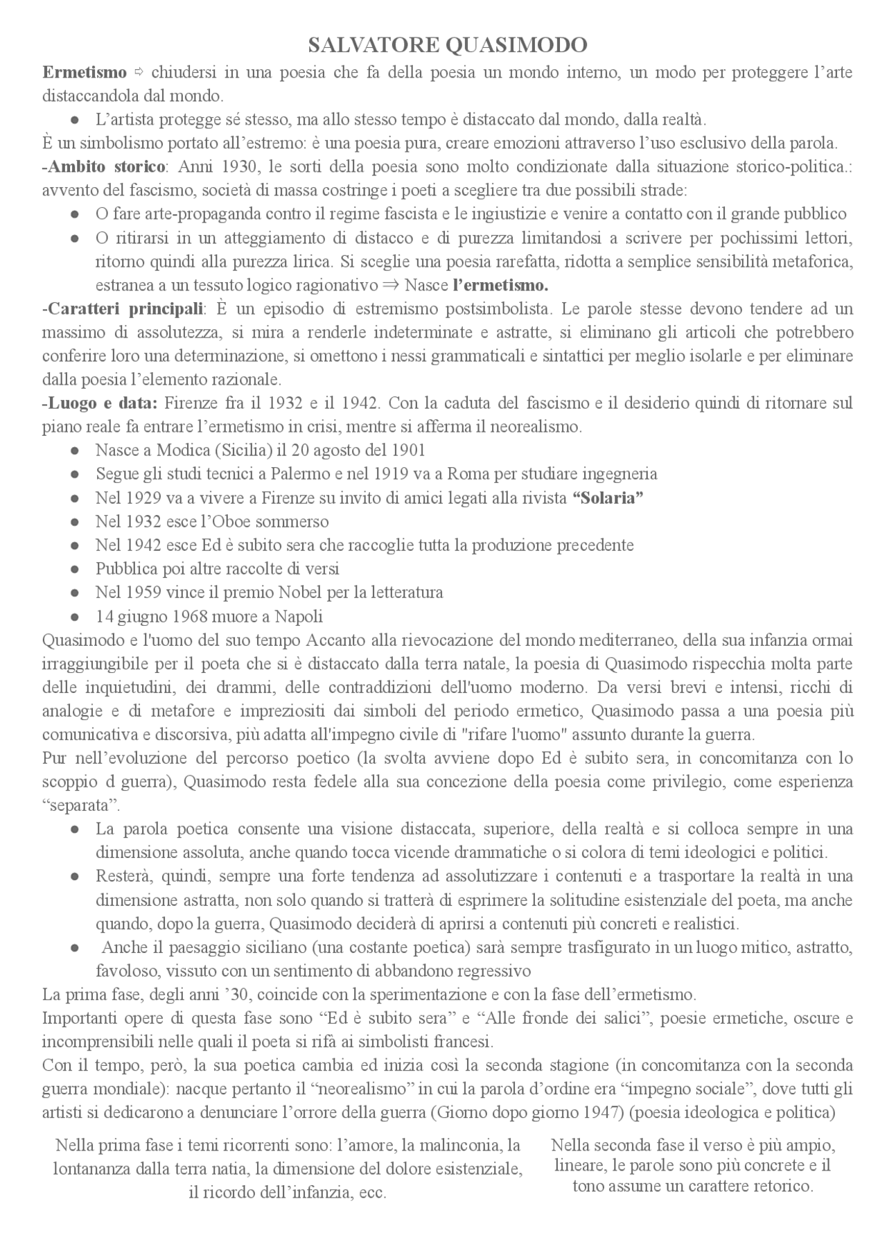 Appunti Sintetici Su Quasimodo Docsity