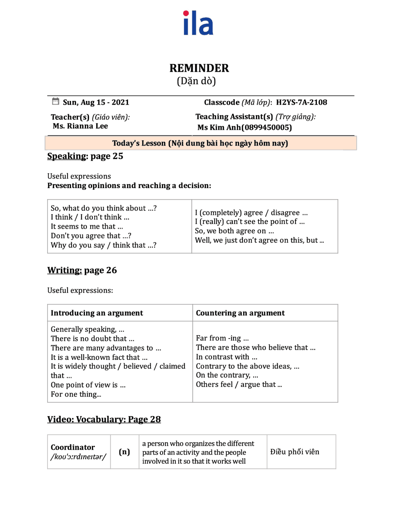 S7A homework ILA reminder - Docsity