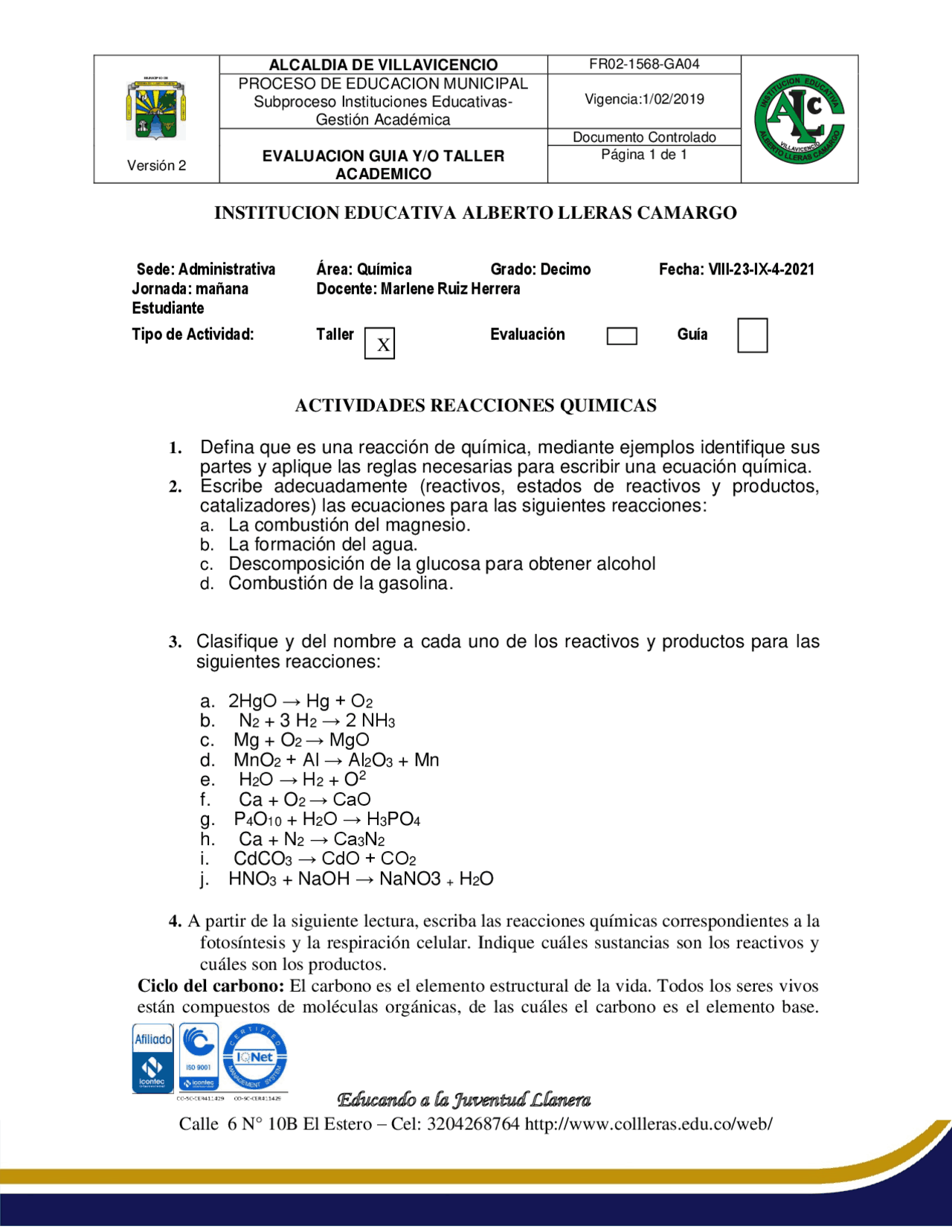 Reacciones quimicas actividades de reacciones quimicas - Docsity