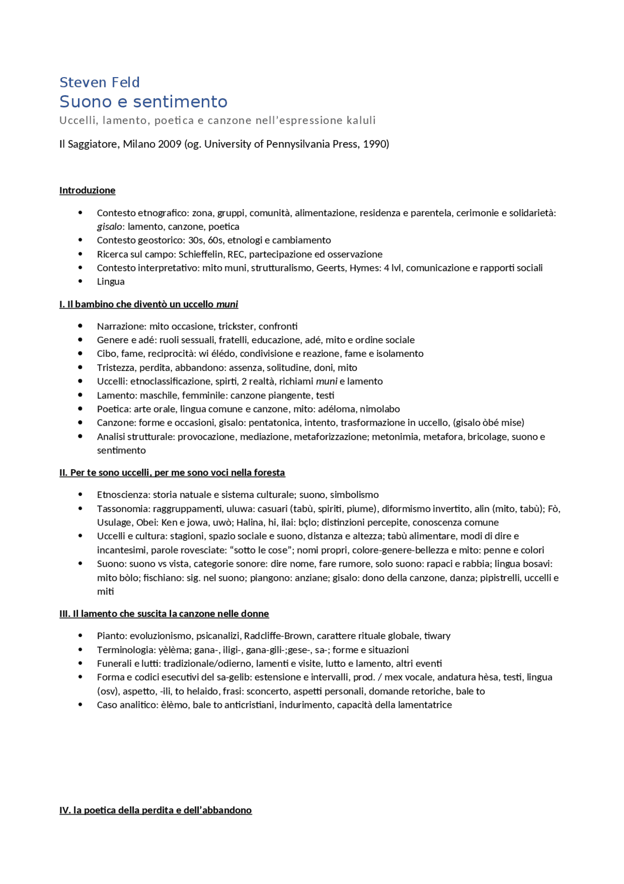 Schema Riassuntivo Suono E Sentimento Feld Docsity
