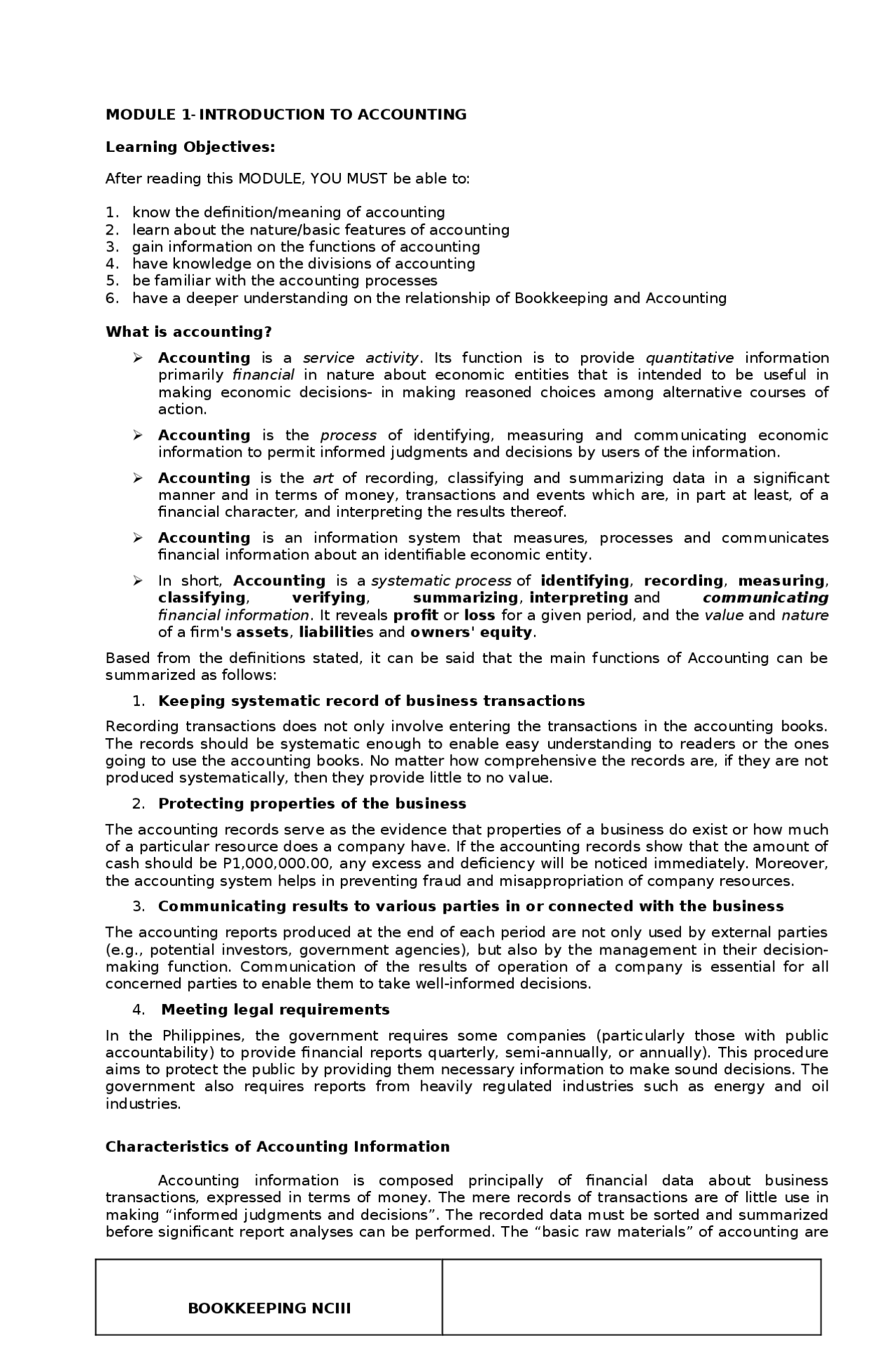 BOOKKEEPING NCIIIMODULE 1 INTRODUCTION TO ACCOUNTING | Schemes and Mind ...