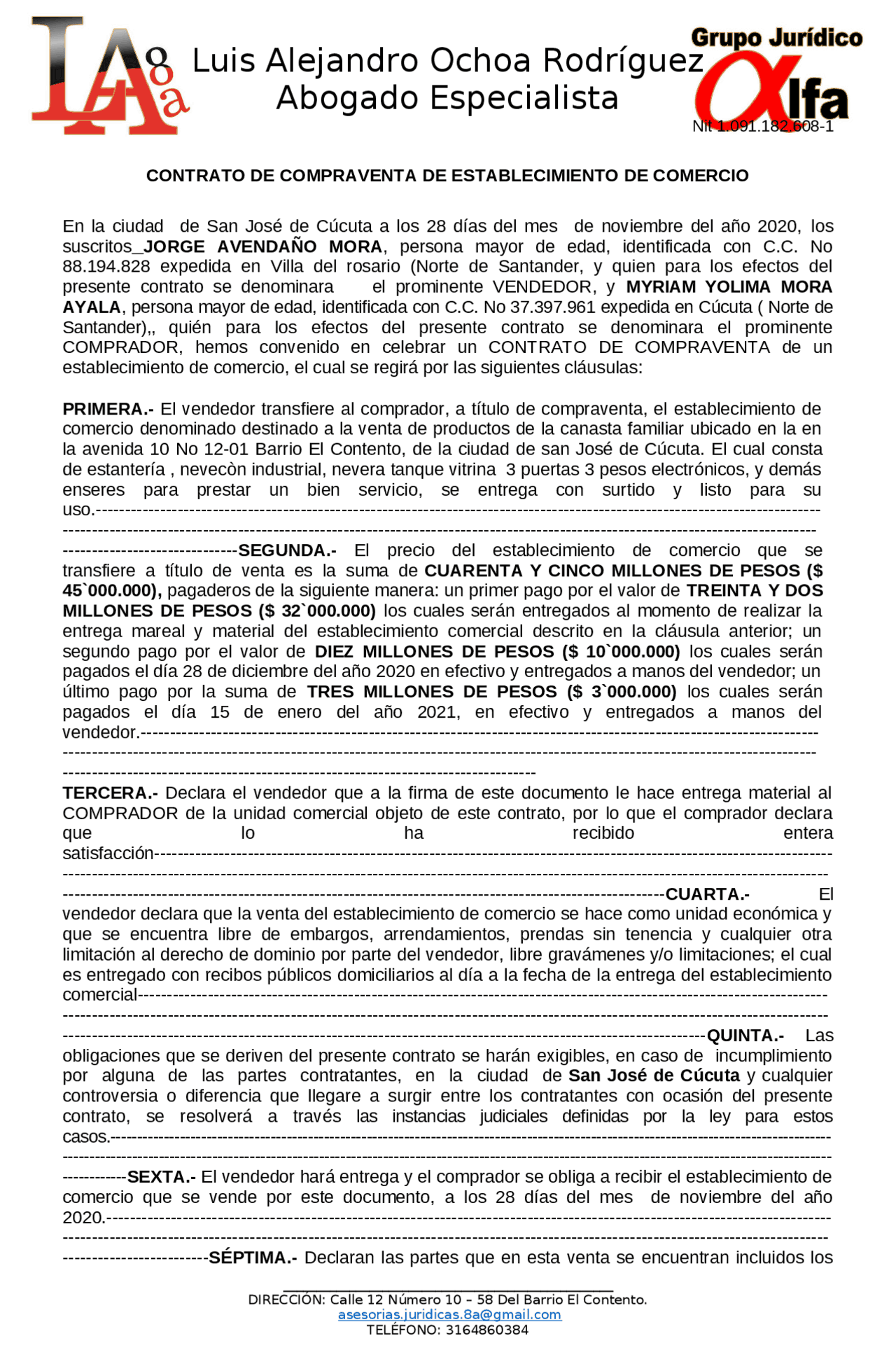 Contrato de compraventa de local comercial con enceres - Docsity