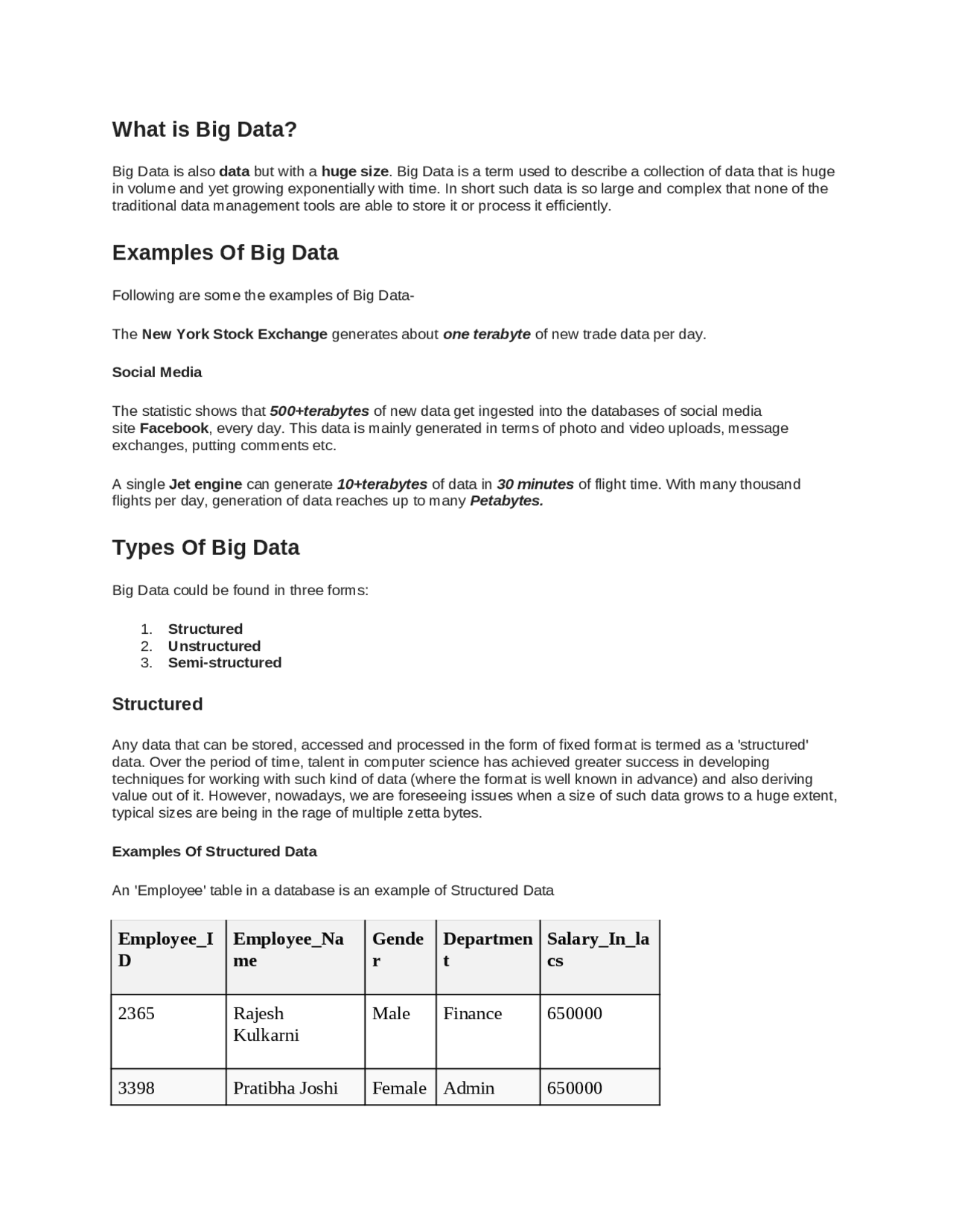 Big Data Introduction And Features Docsity