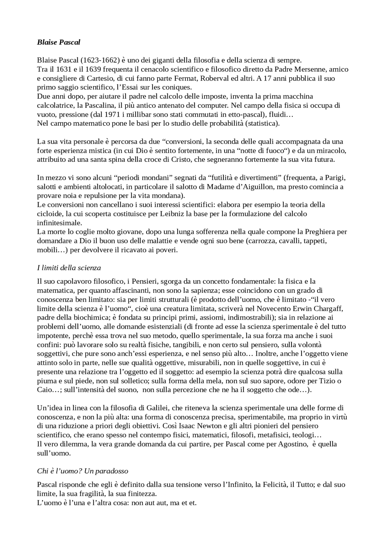 Appunti Di Filosofia Pascal Docsity