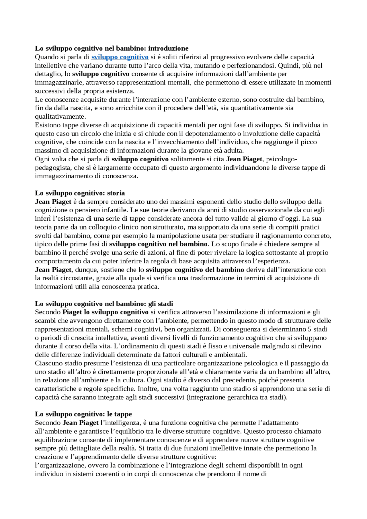 Lo Sviluppo Cognitivo Nel Bambino Docsity