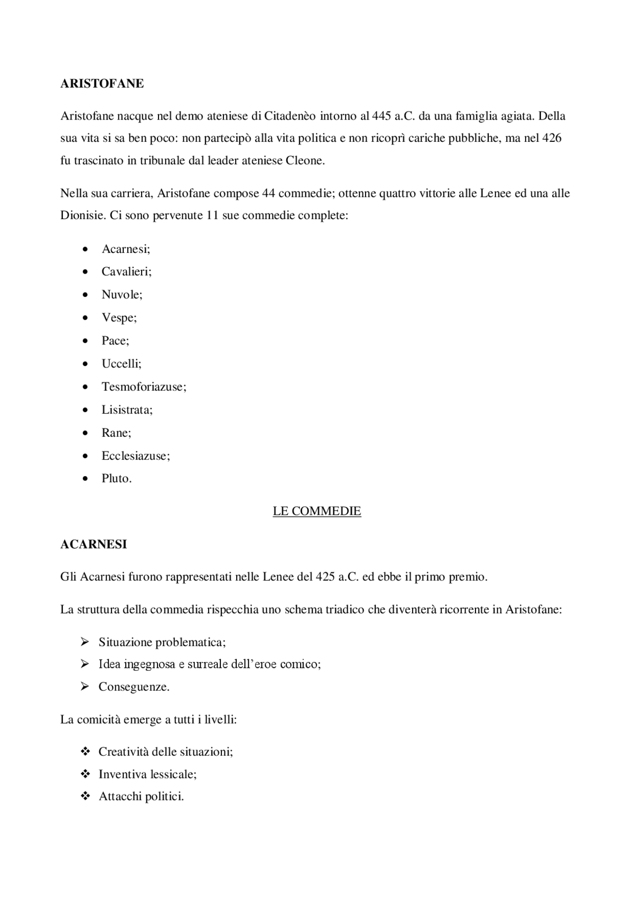 Aristofane E Le Commedie Docsity