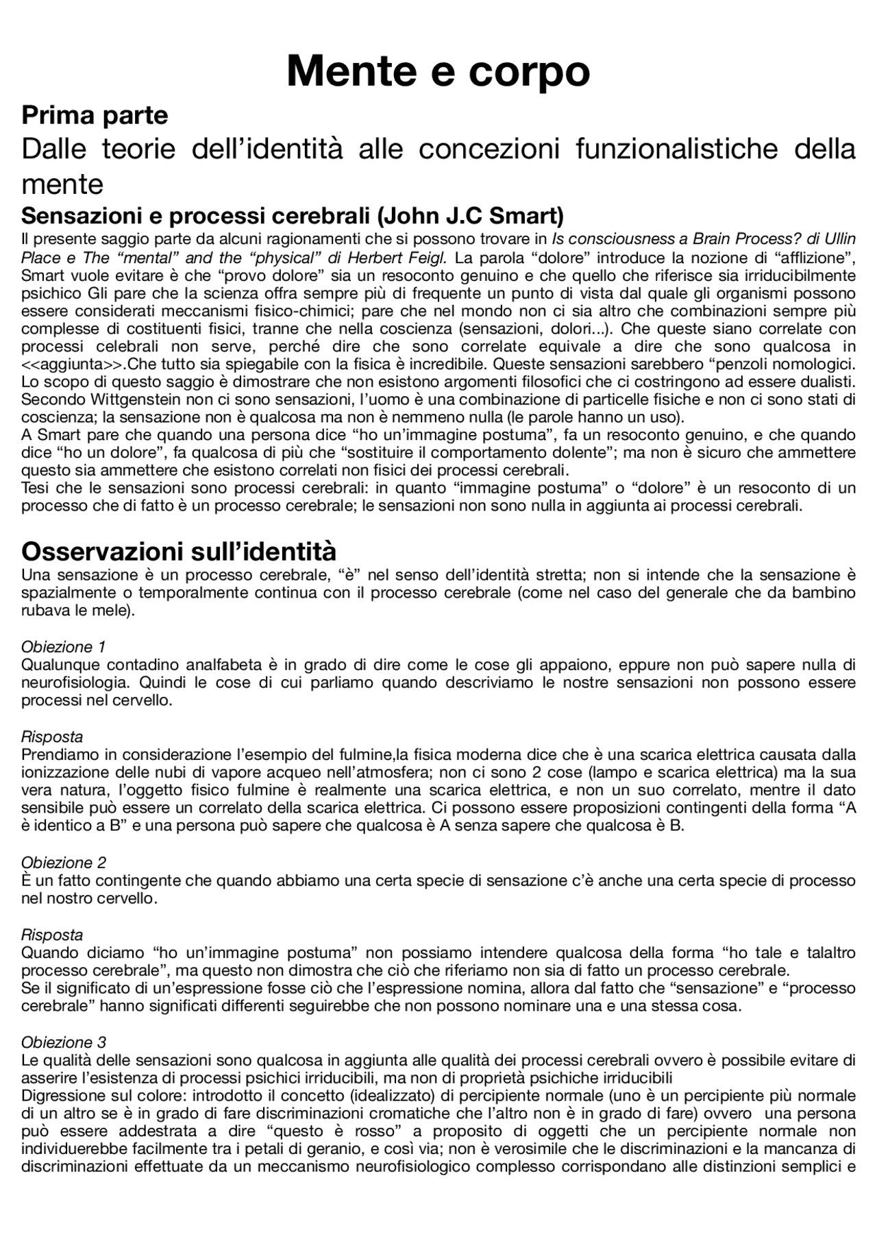 Riassunto Molto Sintetico Sul Libro Mente E Corpo Docsity