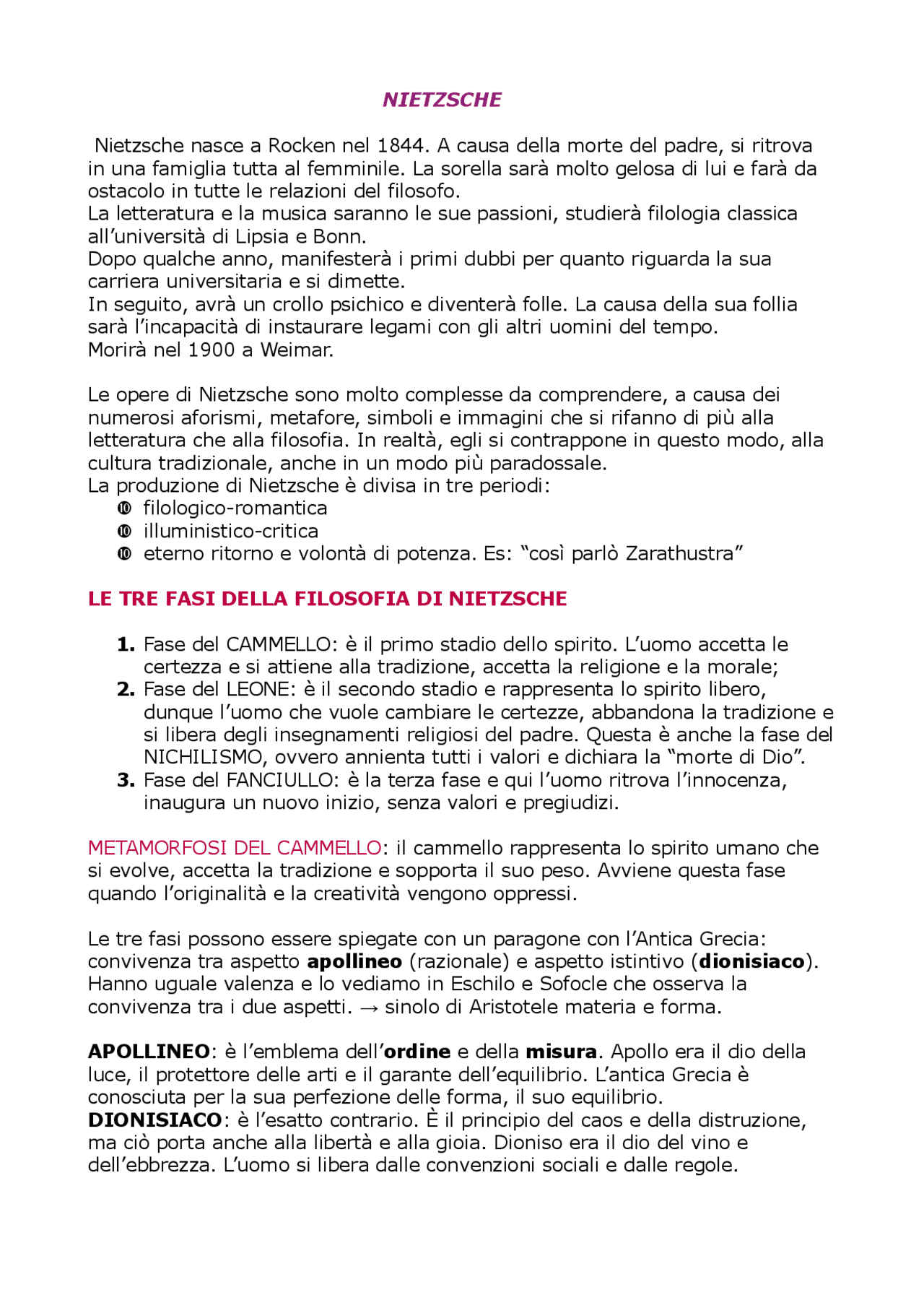 Riassunto Di Nietzsche Sintesi Del Corso Di Filosofia Docsity