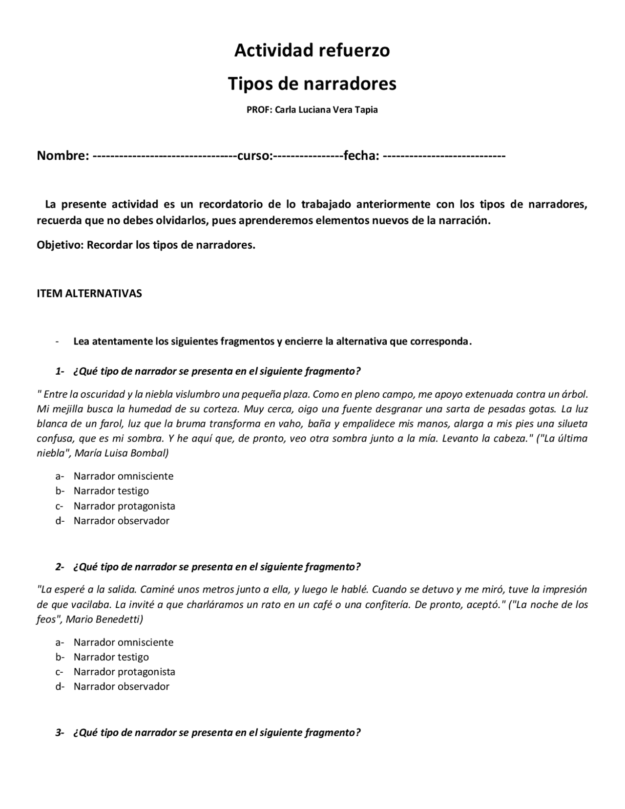 El punto de vista del narrador - Docsity