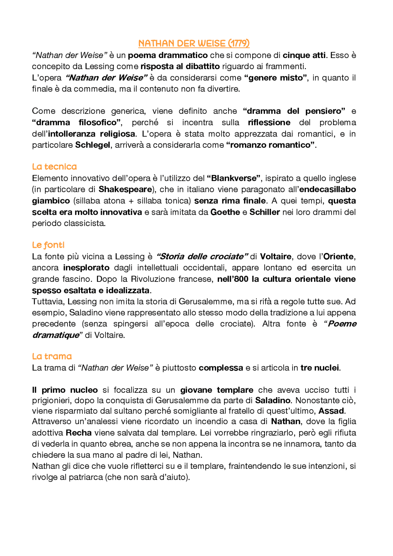 Appunti Dettagliati Del Dramma Nathan Il Saggio Docsity