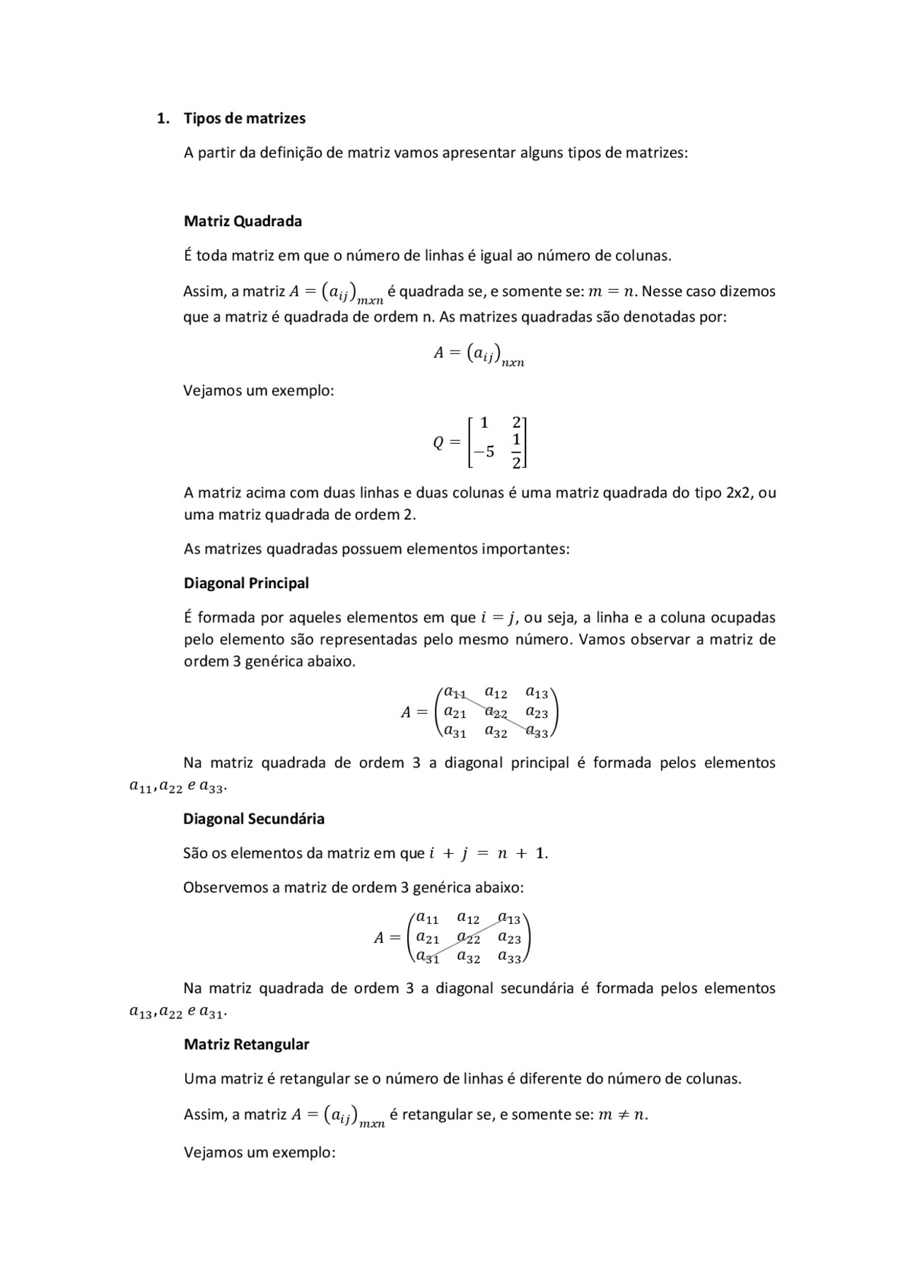 Tipos de matrizes Estudo de introdução | Prove d'esame Matematica | Docsity
