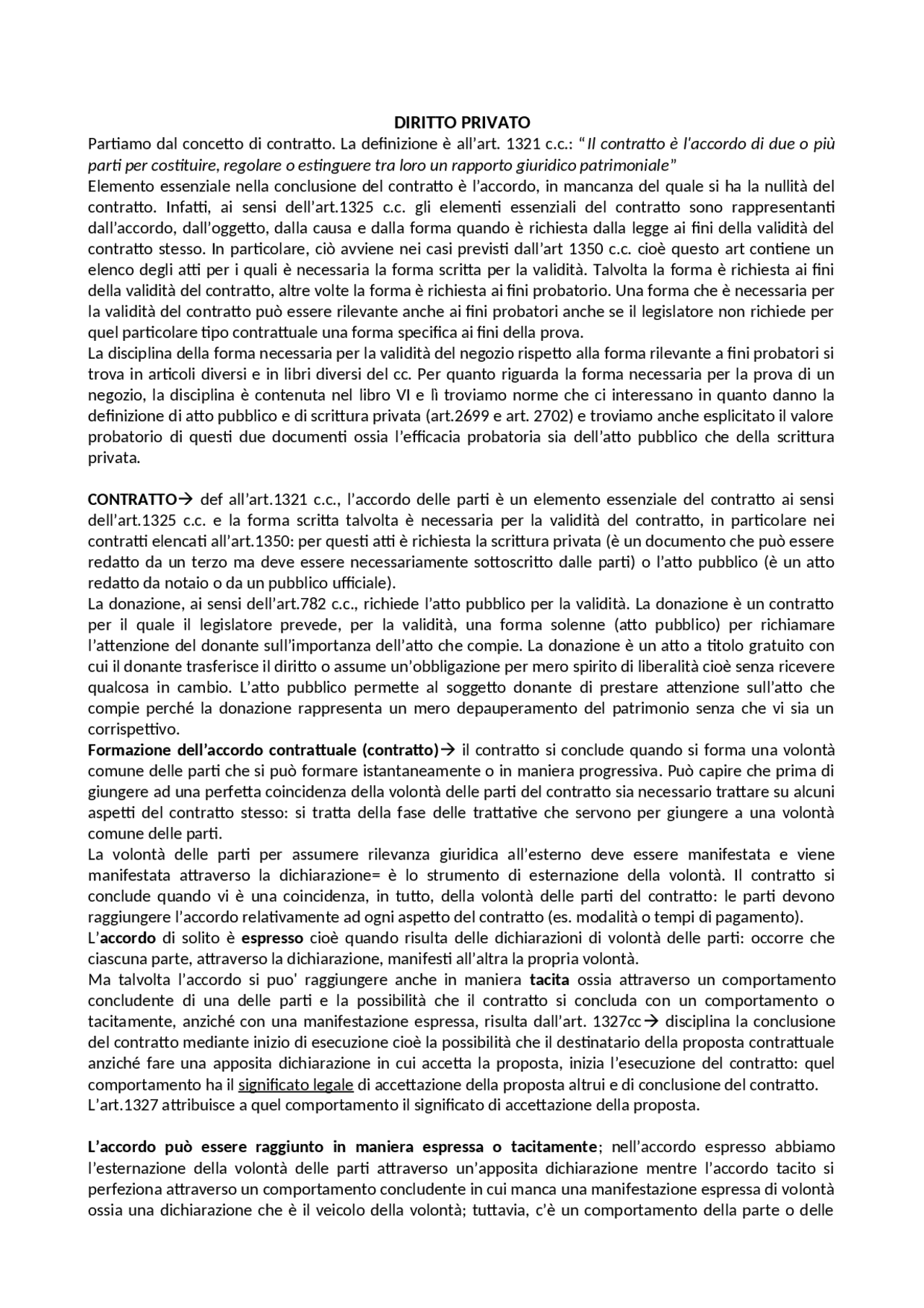 Il contratto - Dalla formazione alla conclusione del contratto - Docsity