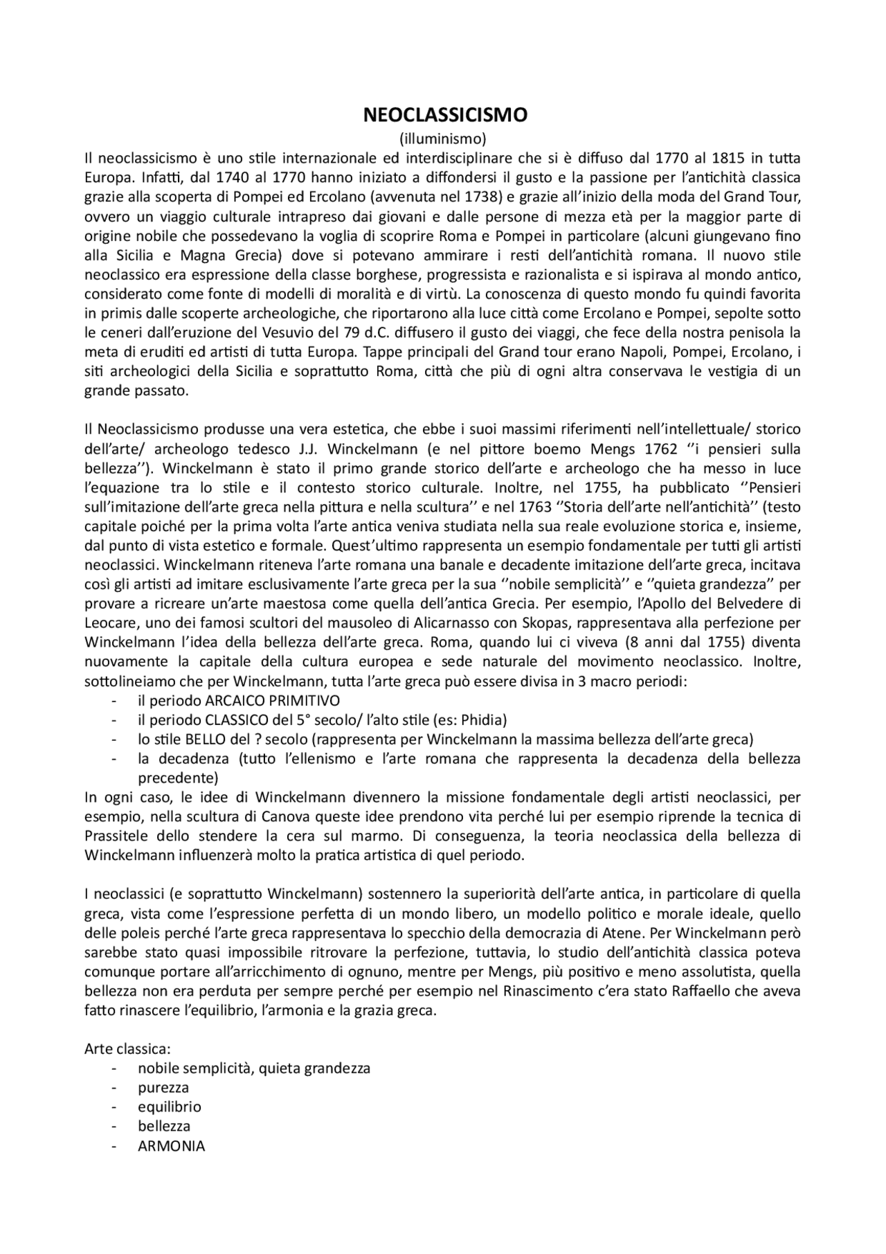 Neoclassicismo In Storia Dellarte Docsity