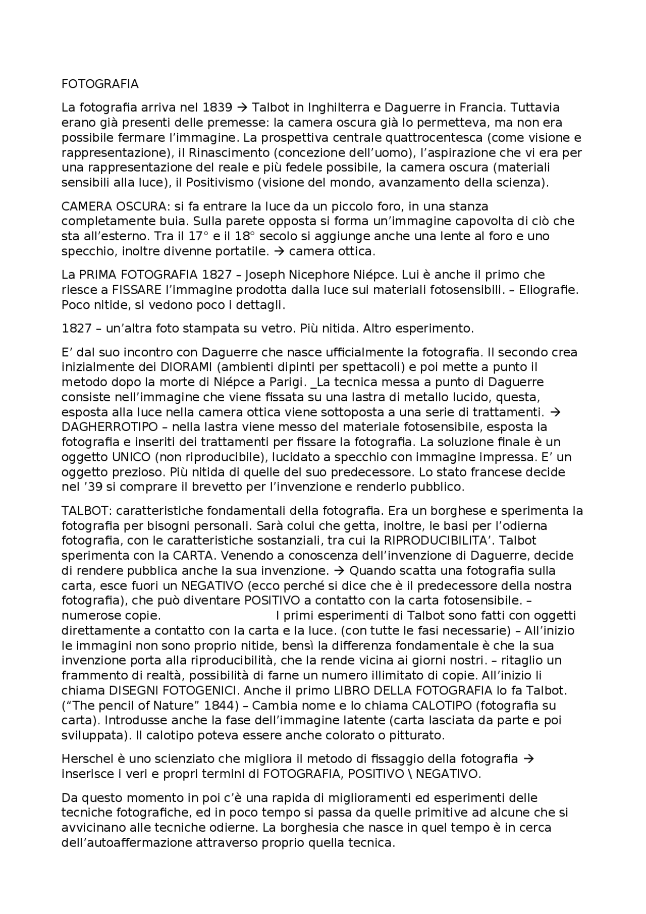 Appunti storia della fotografia - Docsity