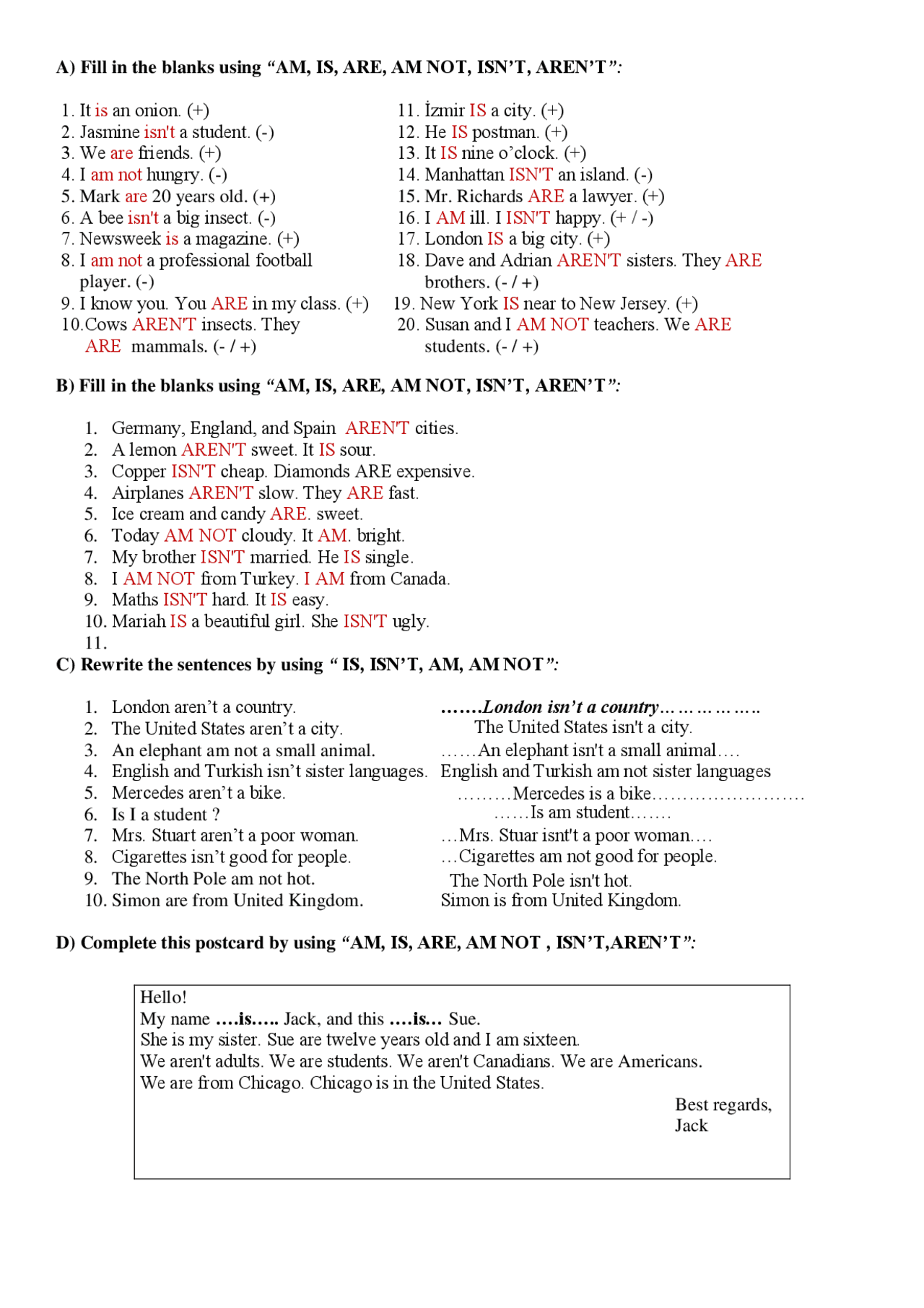 Verb to be positive and negative | Ejercicios de Idioma Inglés - Docsity