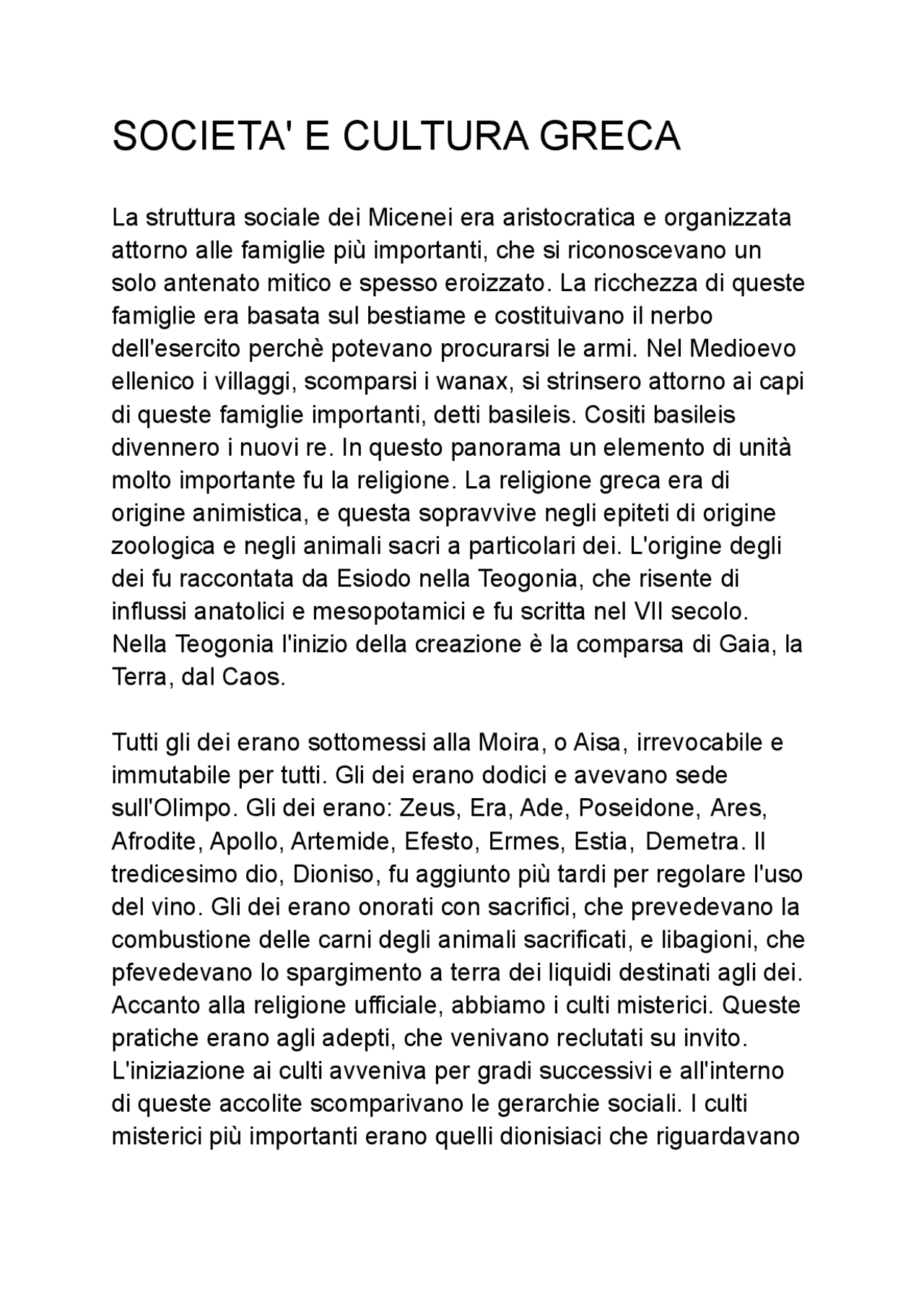 Greci Riassunto Prima Superiore Sintesi Del Corso Di Storia Docsity