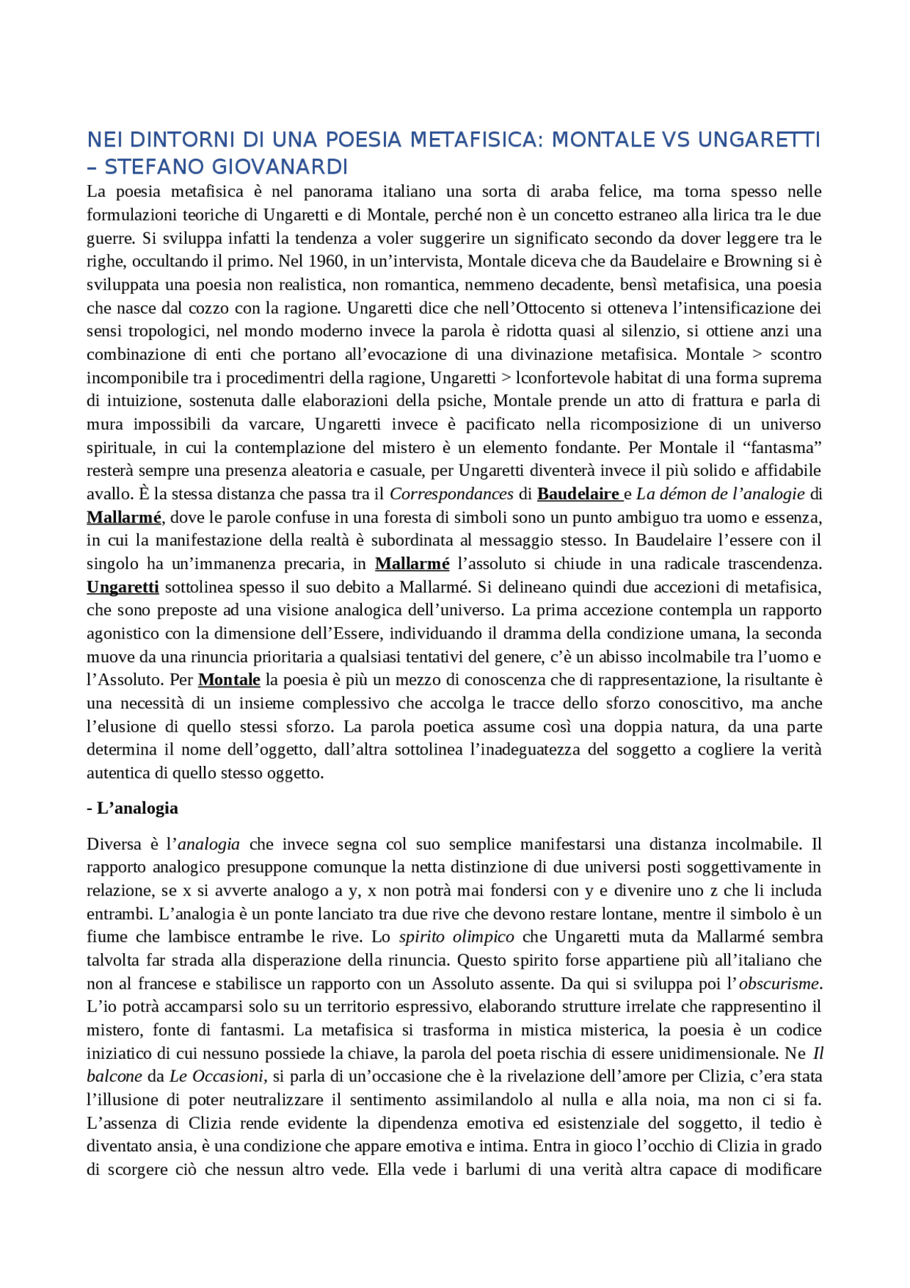 Riassunto Saggio Nei Dintorni Di Una Poesia Metafisica Montale Vs